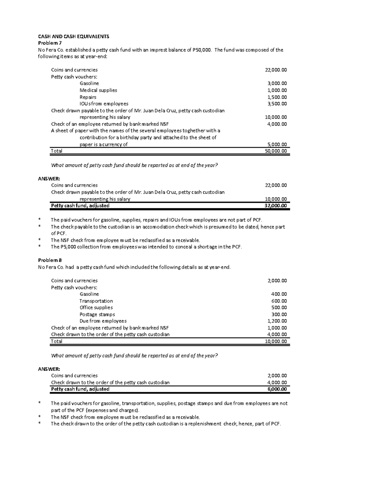 Reviewer PCF-and-Addl-CCE-Problems/ answers - CASH AND CASH EQUIVALENTS ...