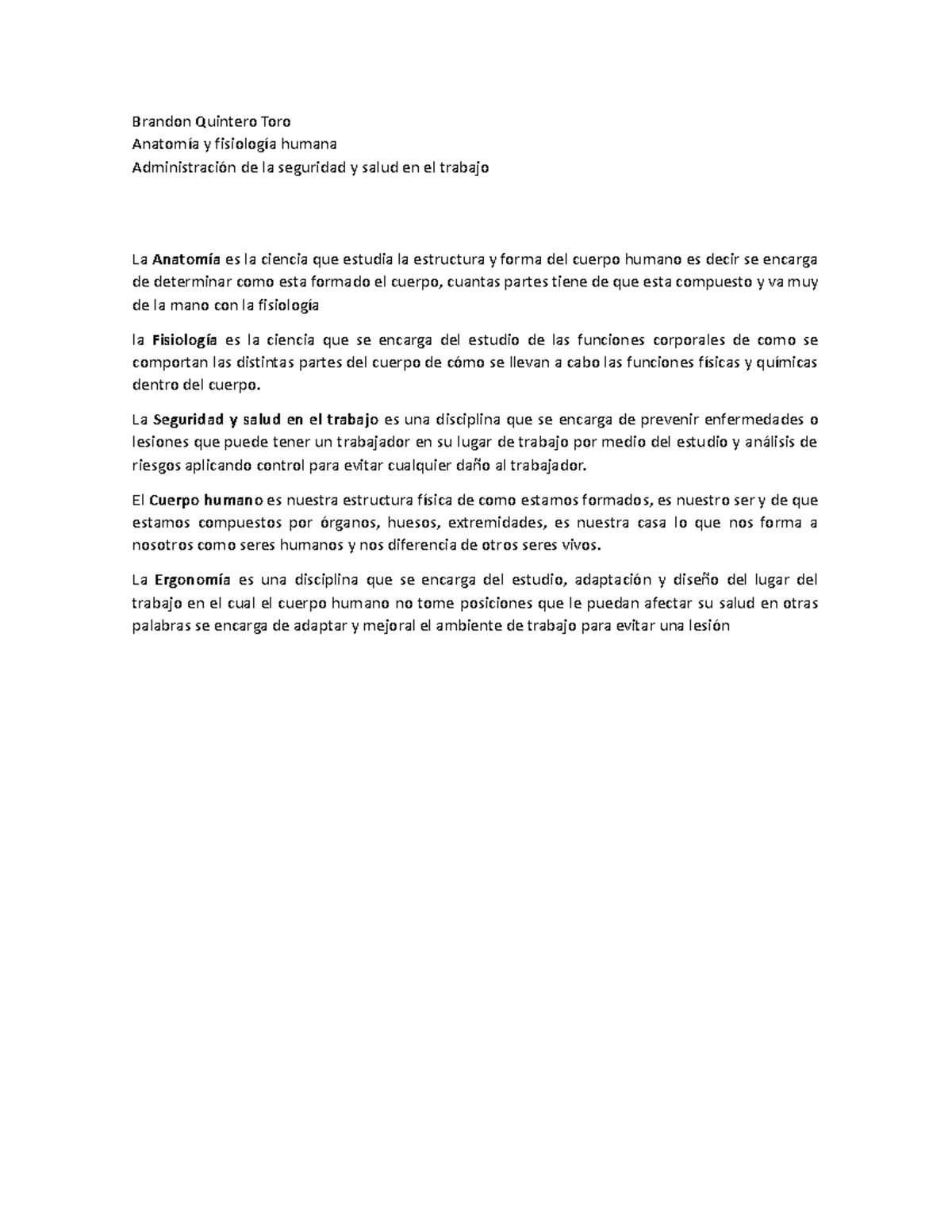 Ensayo de anatomia - Brandon Quintero Toro Anatomía y fisiología humana ...