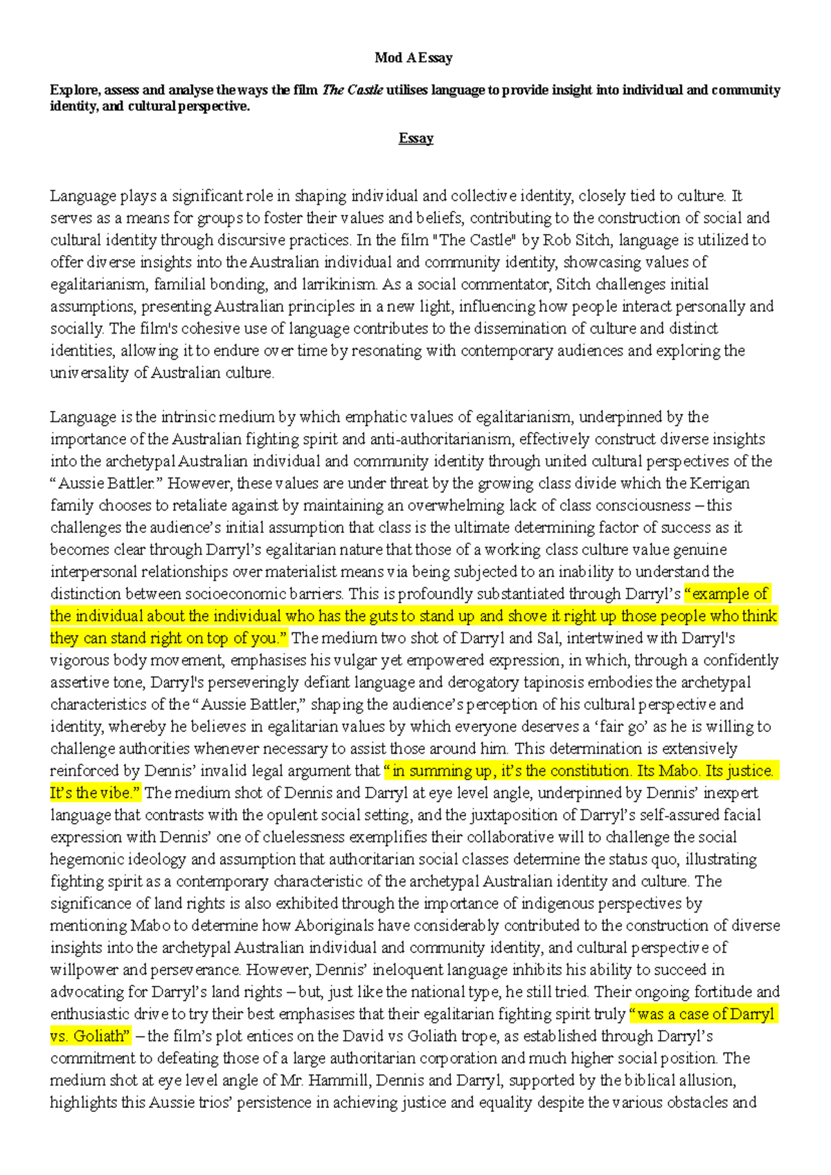 Trial Essay- The Castle - Mod A Essay Explore, assess and analyse the ...