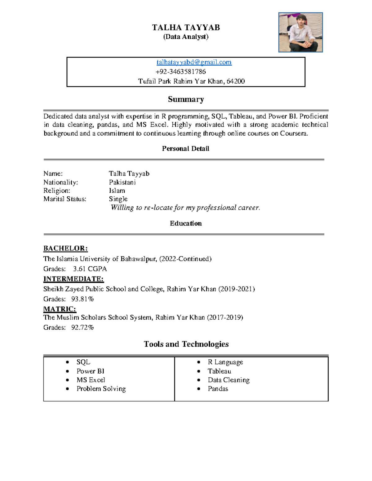 Talha Tayyab Resume - TALHA TAYYAB (Data Analyst) talhatayyabd@gmail +92- 3463581786 Tufail Park ...