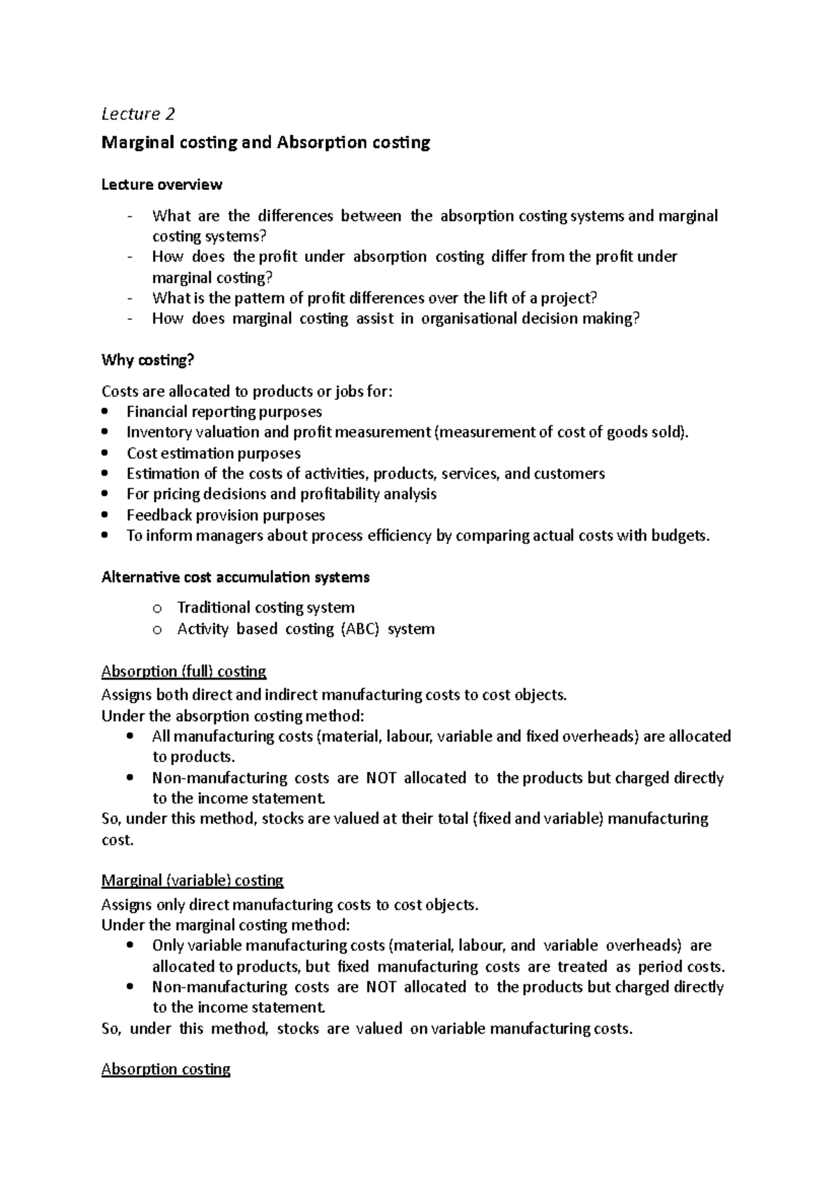 Lecture 2 - Marginal costing and Absorption costing - Lecture 2 ...