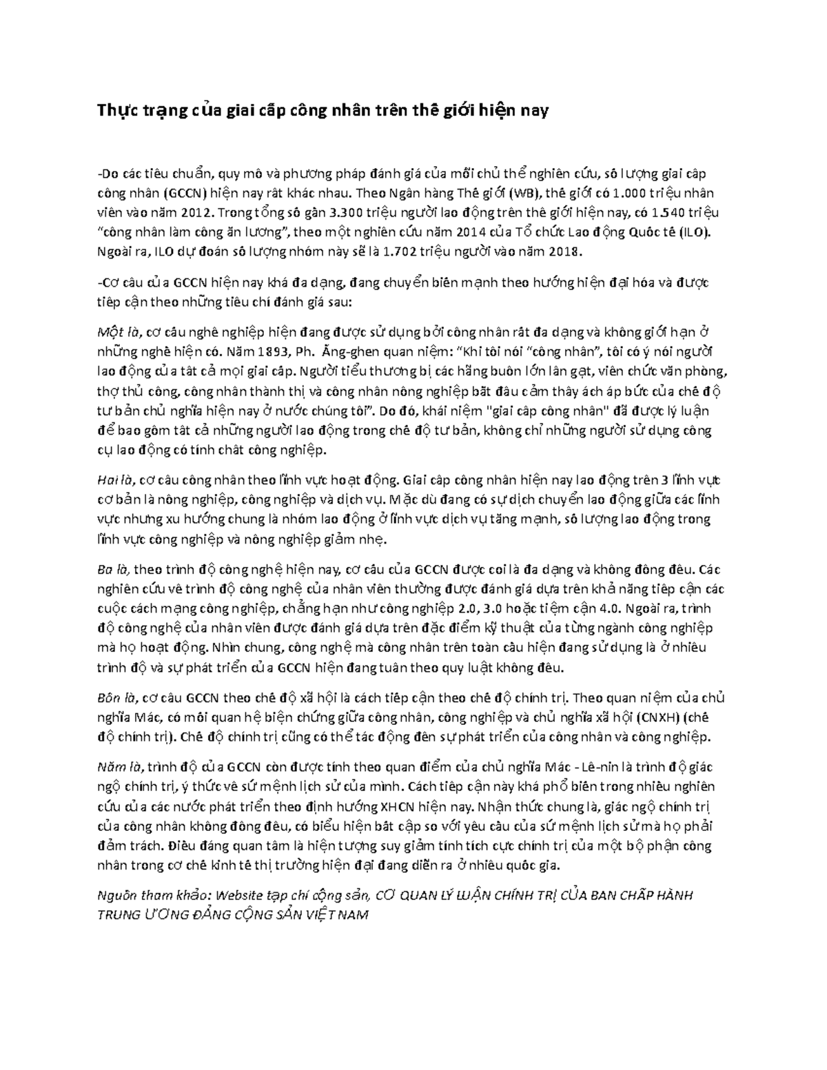 Thực trạng của giai cấp công nhân trên thế giới hiện nay - Th ực tr ạng ...
