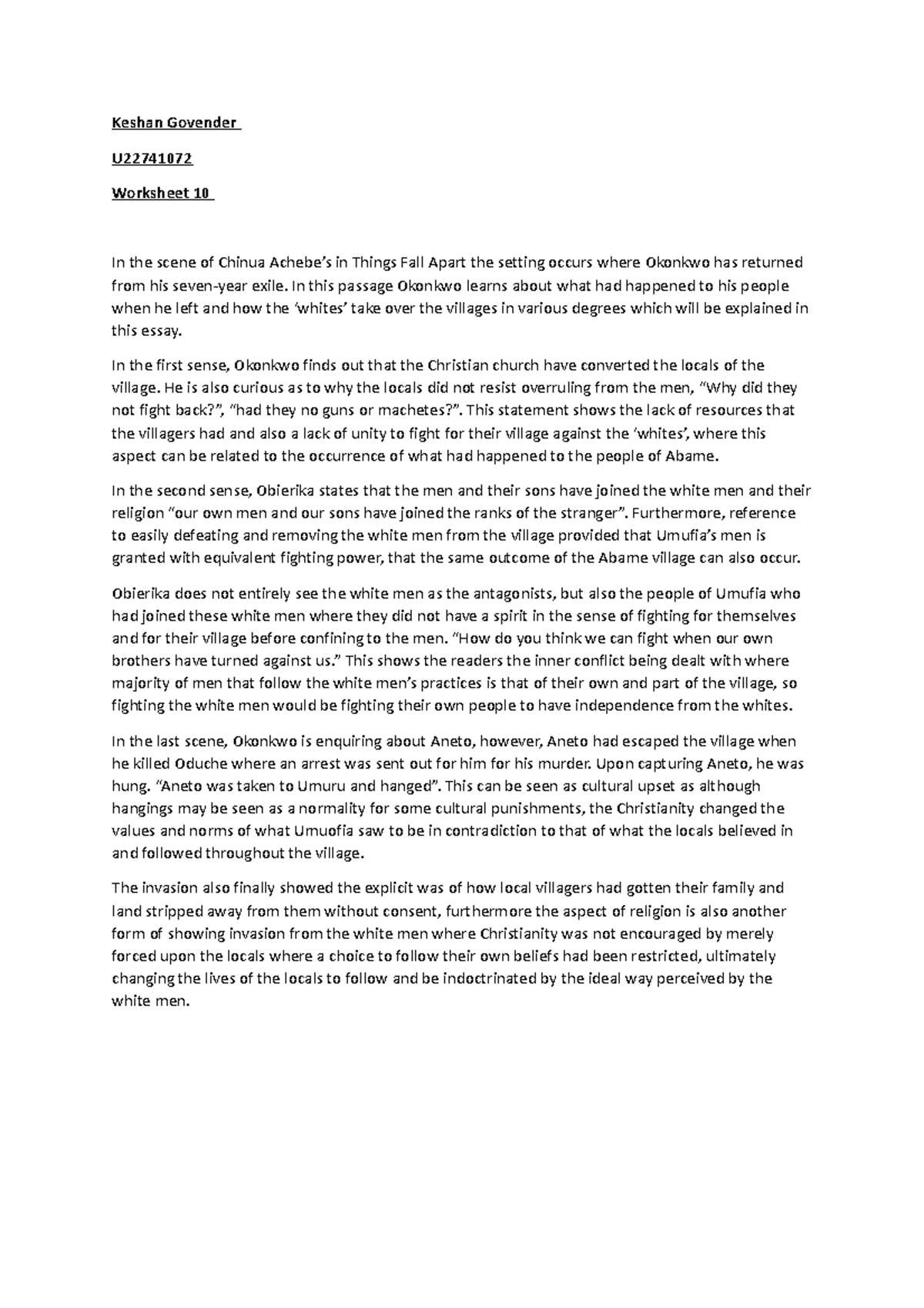 Worksheet 10- ENG120 - Keshan Govender U Worksheet 10 In the scene of ...