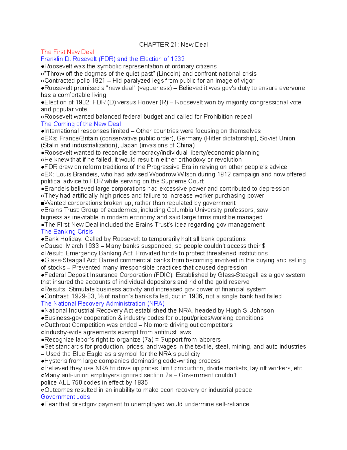 Chapter 21 New Deal - CHAPTER 21: New Deal The First New Deal Franklin ...