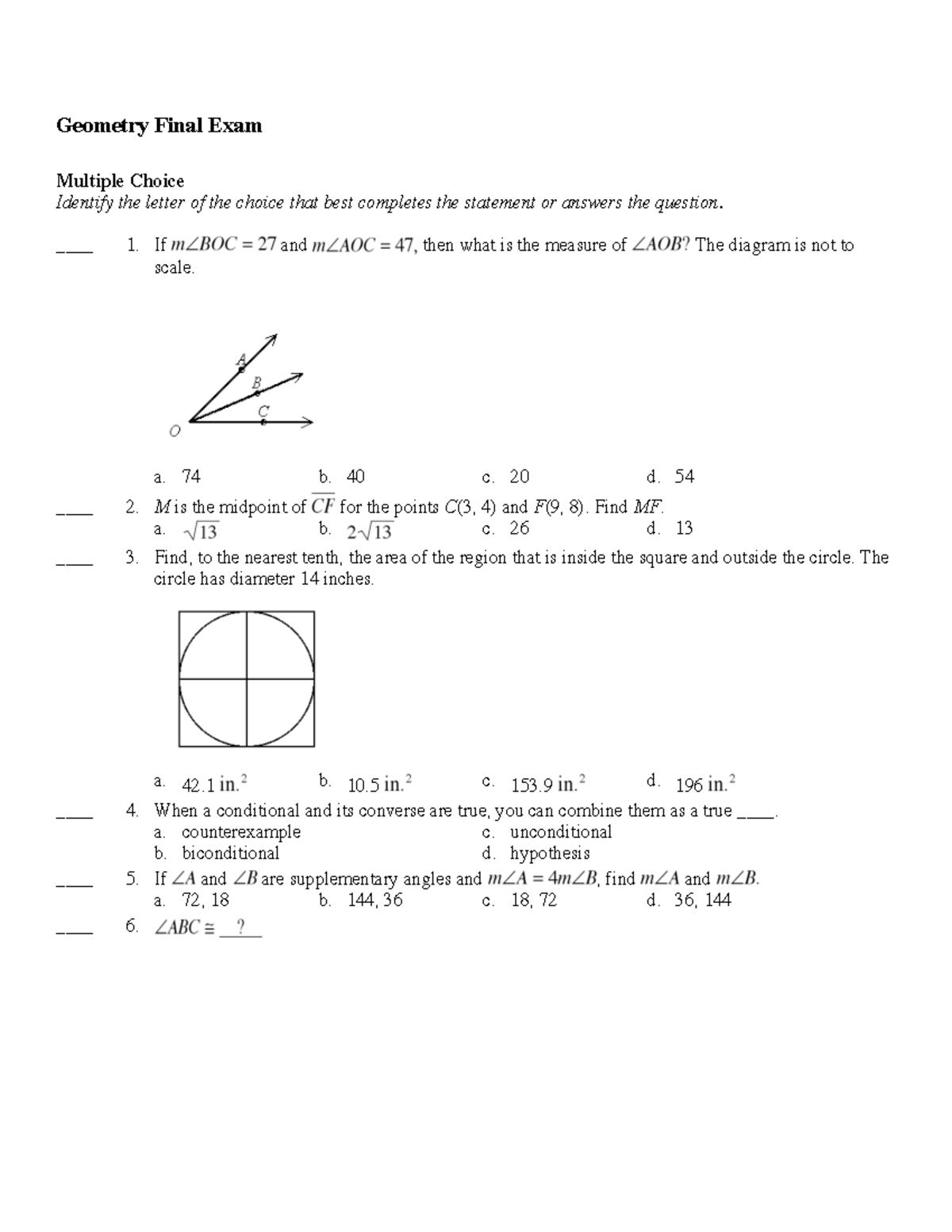 Geometry Final - pratice test - Geometry Final Exam Multiple Choice ...