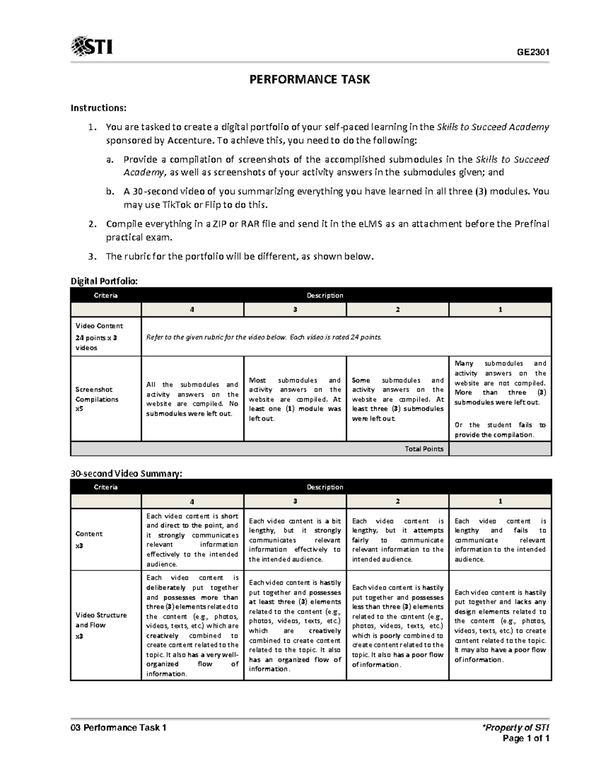 03 Performance Task 1 - practical - GE 03 Performance Task 1 *Property of STI Page 1 of 1 - Studocu