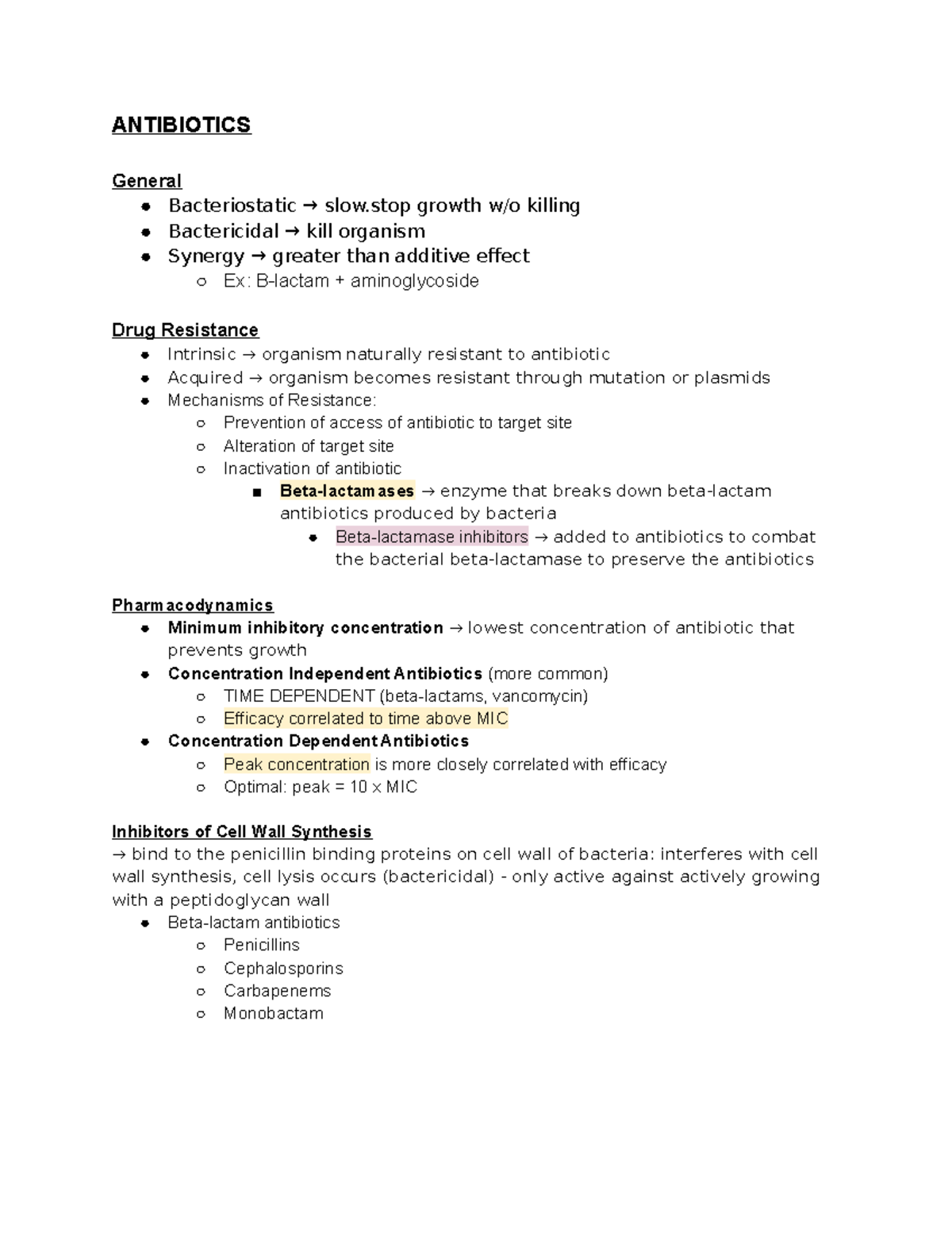 Antibiotics Study Guide - ANTIBIOTICS General Bacteriostatic → slow growth w/o killing - Studocu