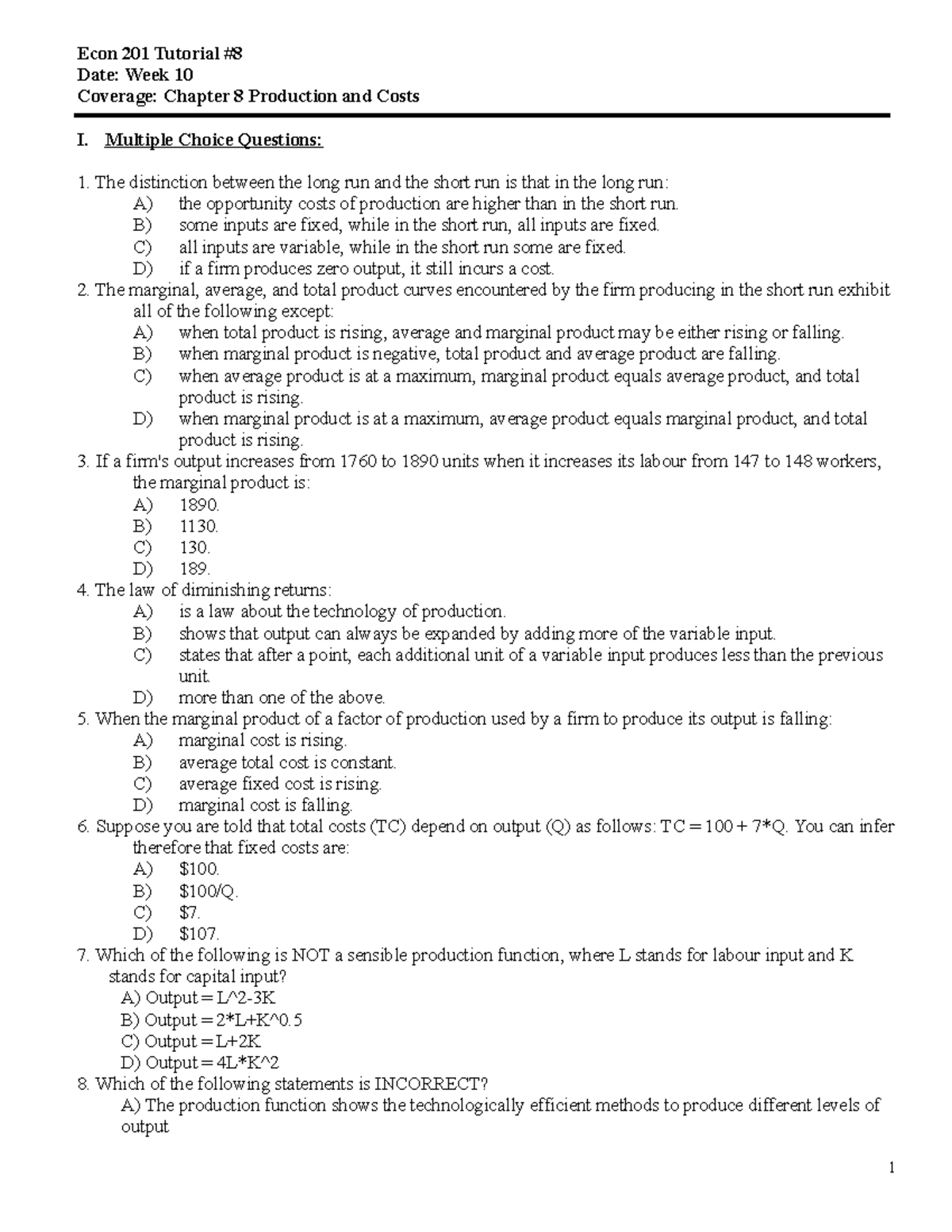 201-tutorial-8 - Concordia University ECON 201 - Tutorial work #8 - Econ 201 Tutorial # Date ...