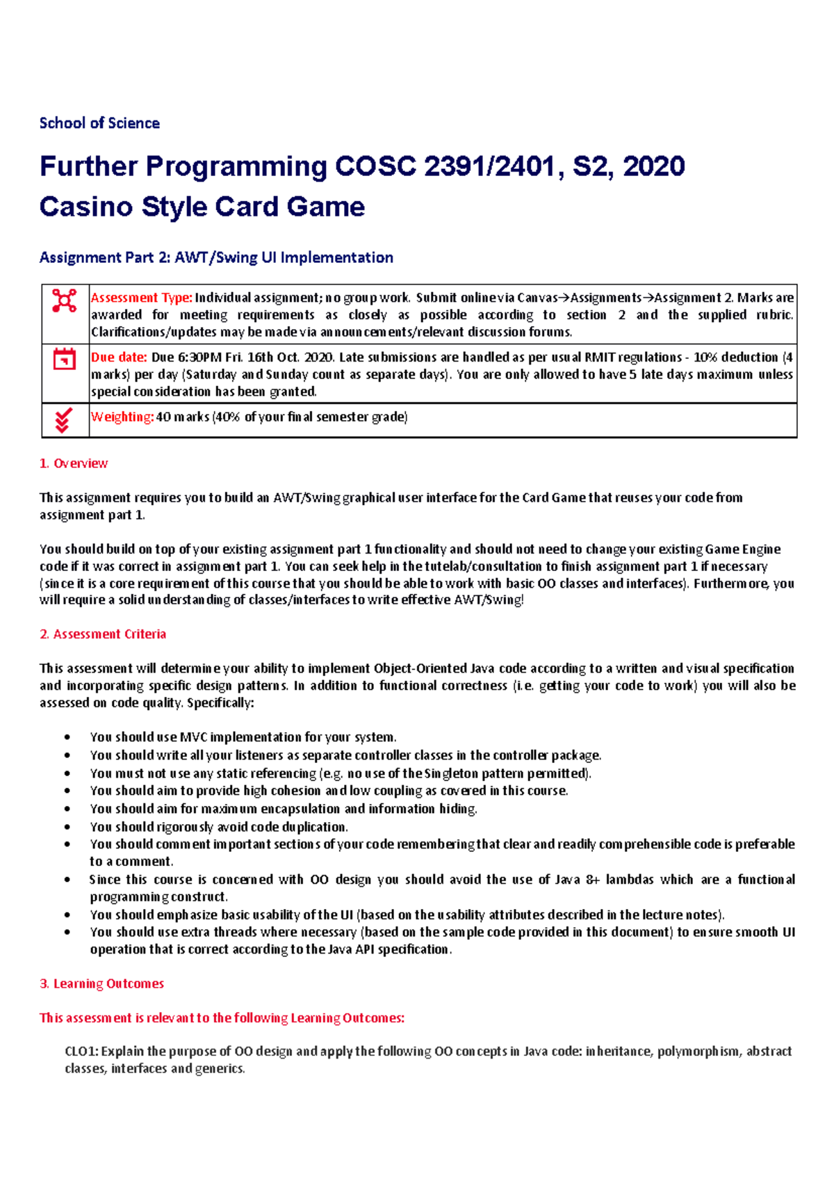 FP Assignment 2 sem2 2020 - School of Science Further Programming COSC 2391/2401, S2, 2020 ...