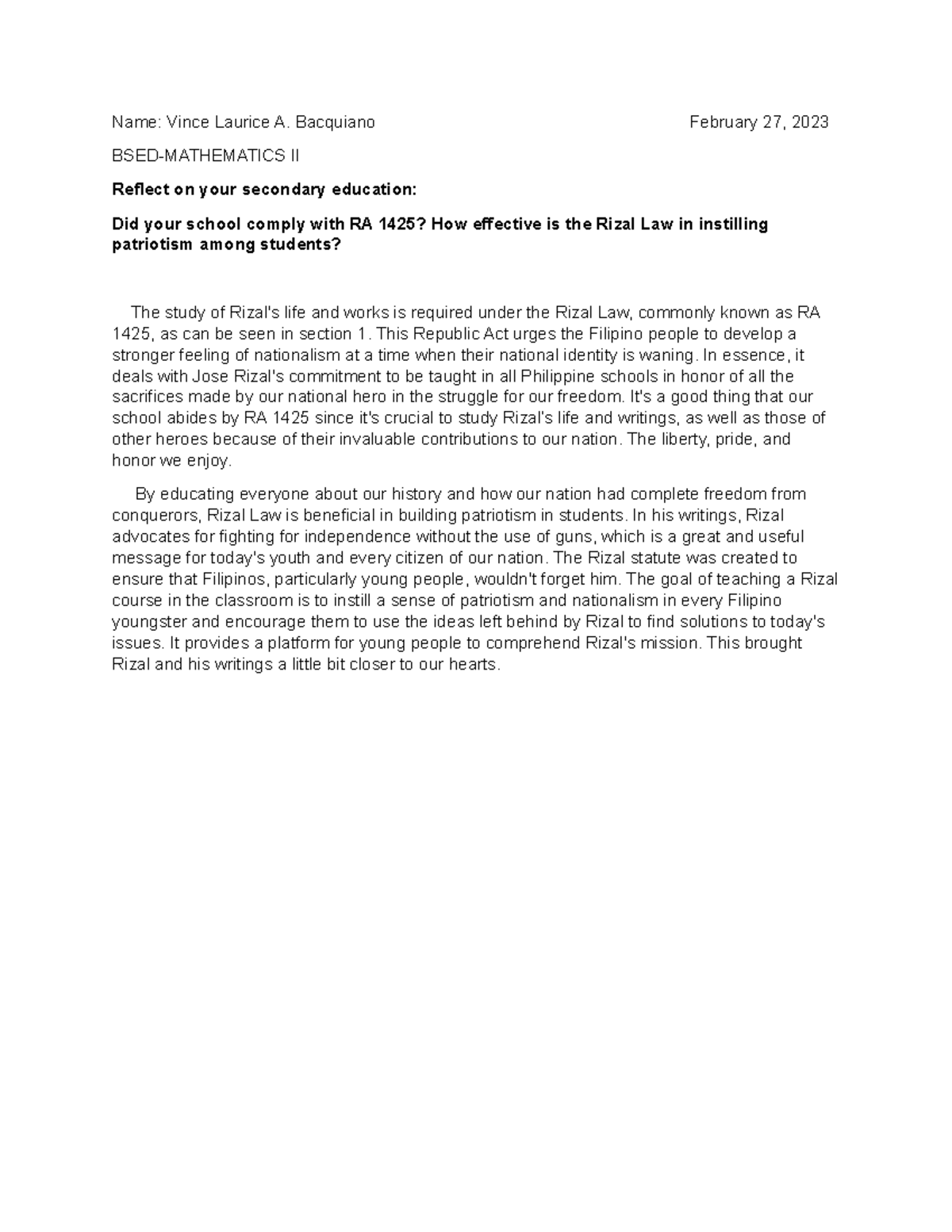 Essay Reflection on my Rizal Studies in Highschool - Name: Vince ...
