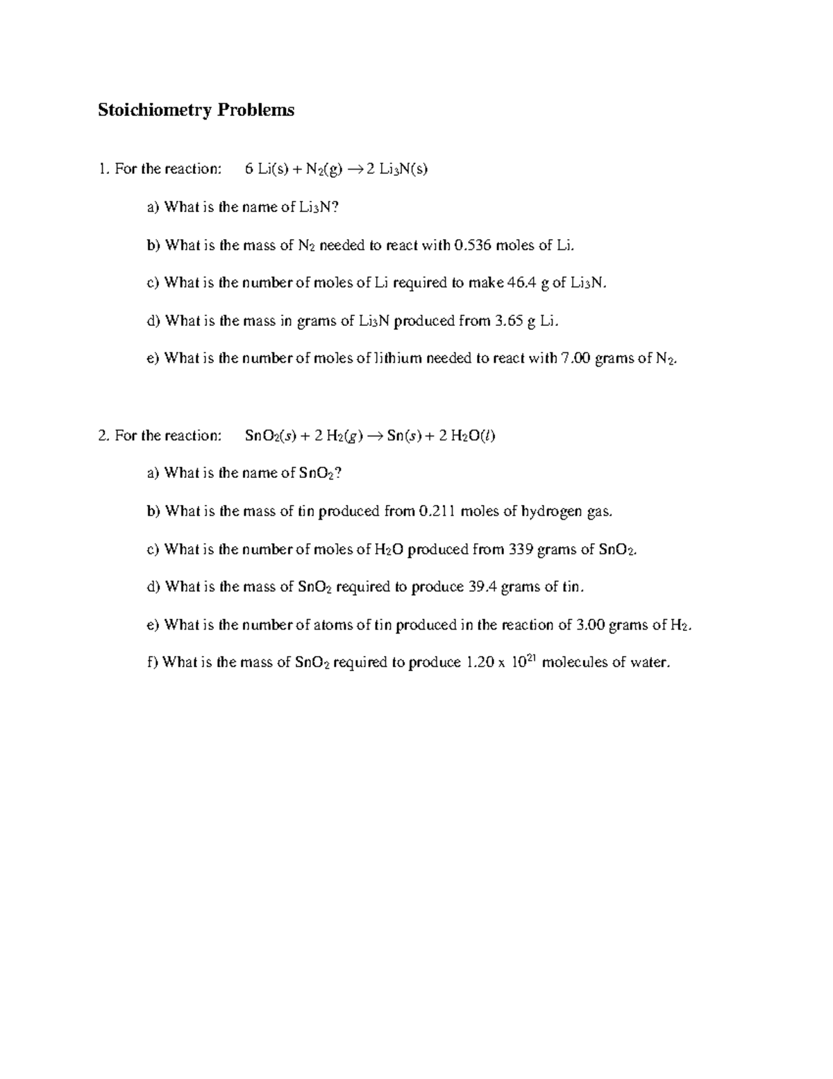 Stoichiometry Practice - Stoichiometry Problems For the reaction: 6 Li ...