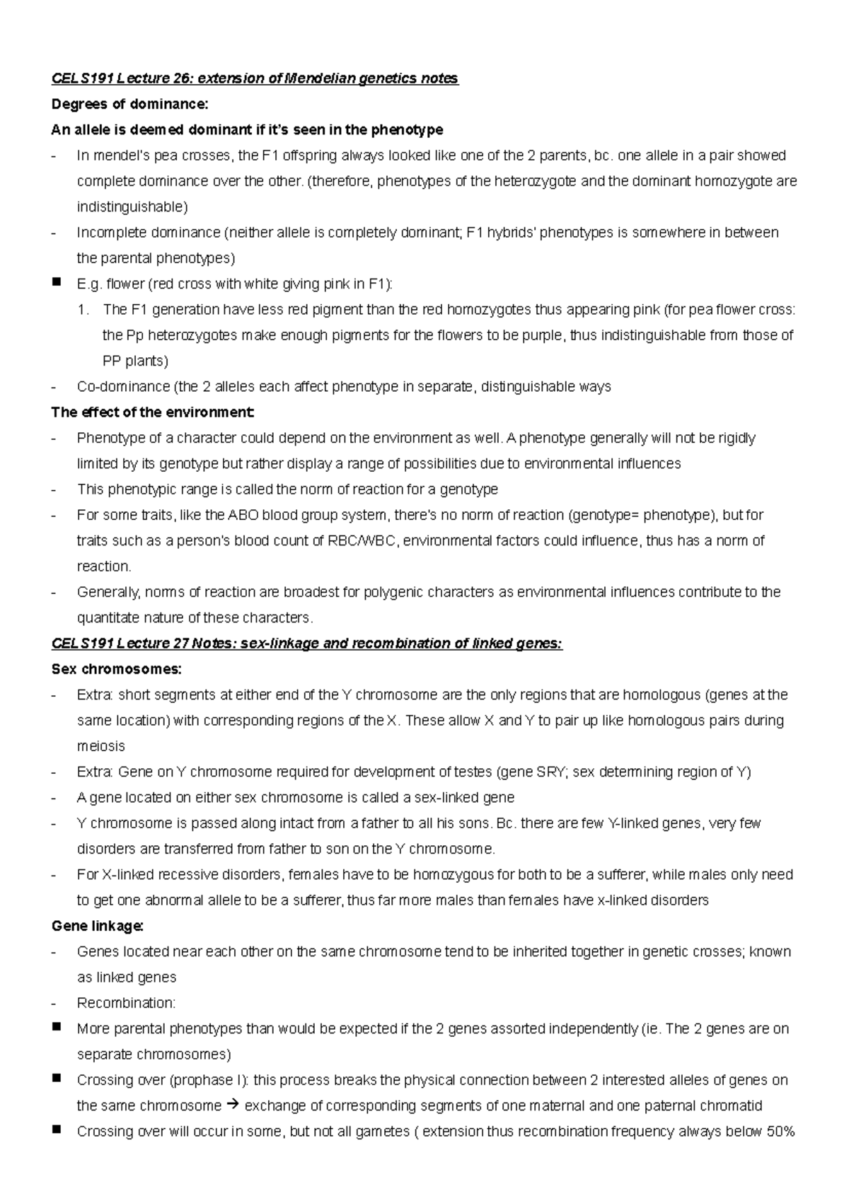 CELS191 Lecture 26, 27 and 28 notes - CELS191 Lecture 26: extension of ...