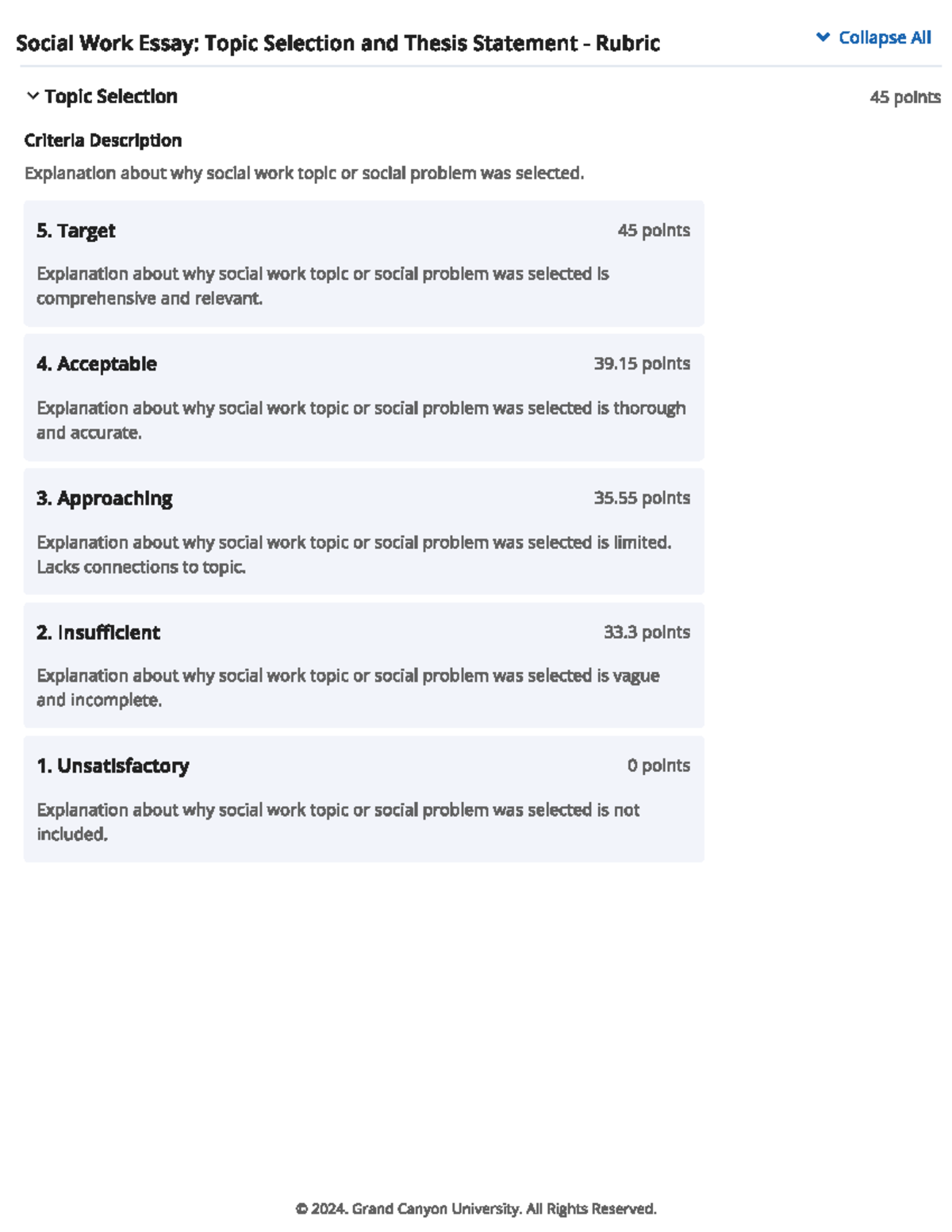 Social Work Essay Topic Selection and Thesis Statement Rubric - UNV-510 ...