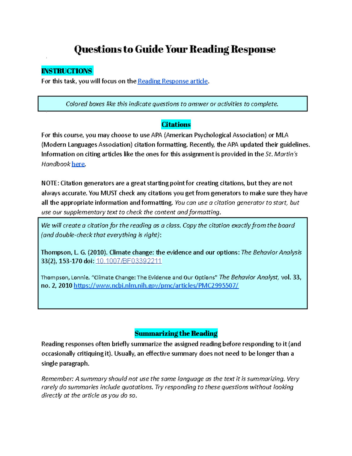 Questions to Guide Your Reading Response - Questions to Guide Your ...