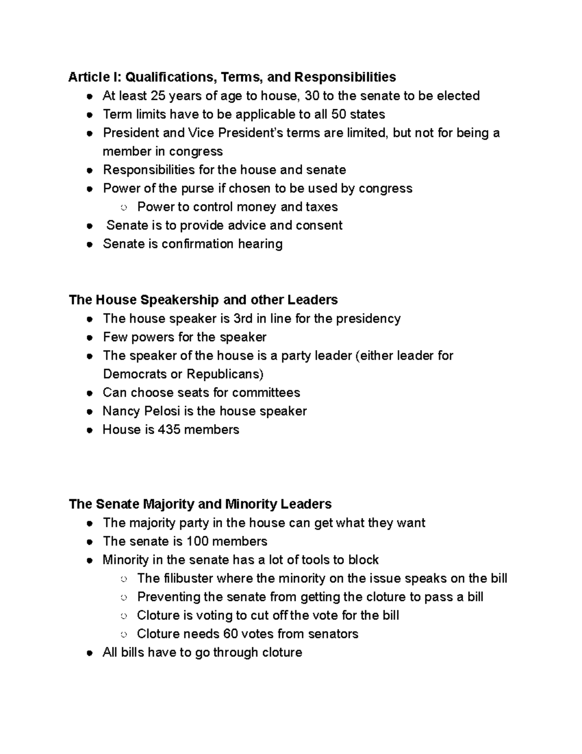 American Gov Notes #3 - Article I: Qualifications, Terms, and ...