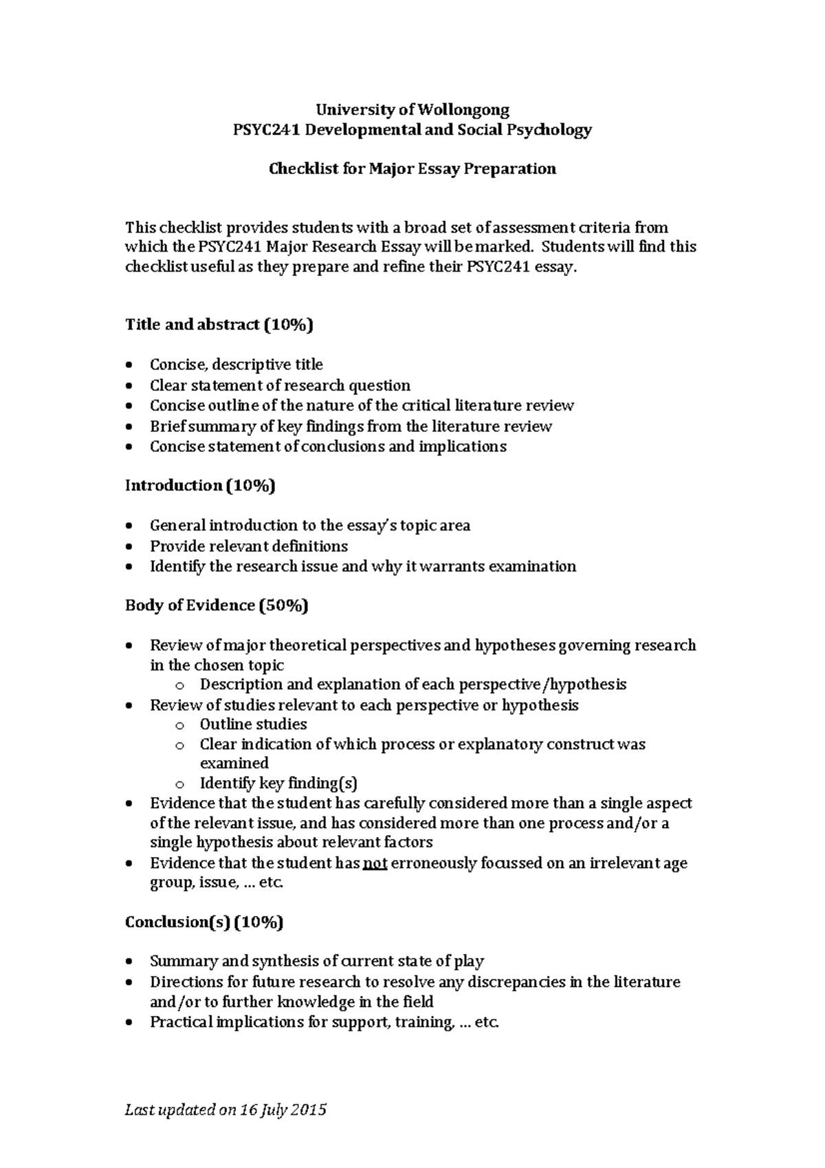PSYC241 Essay Preparation Checklist - Last updated on 16 July 2015 ...