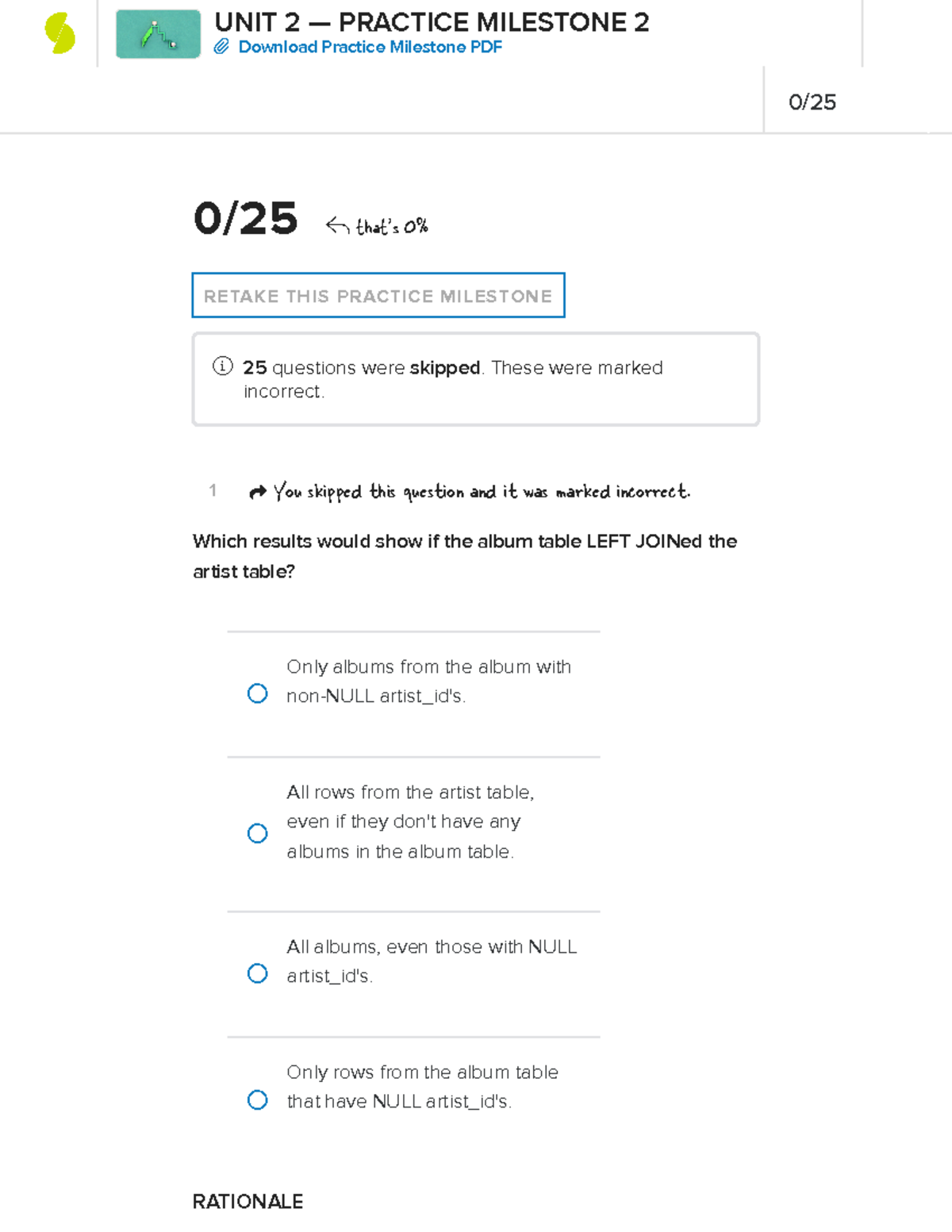 UNIT 2 — Practice Milestone 2 take 2 - 1 0 / 25 that's 0% RETAKE THIS ...