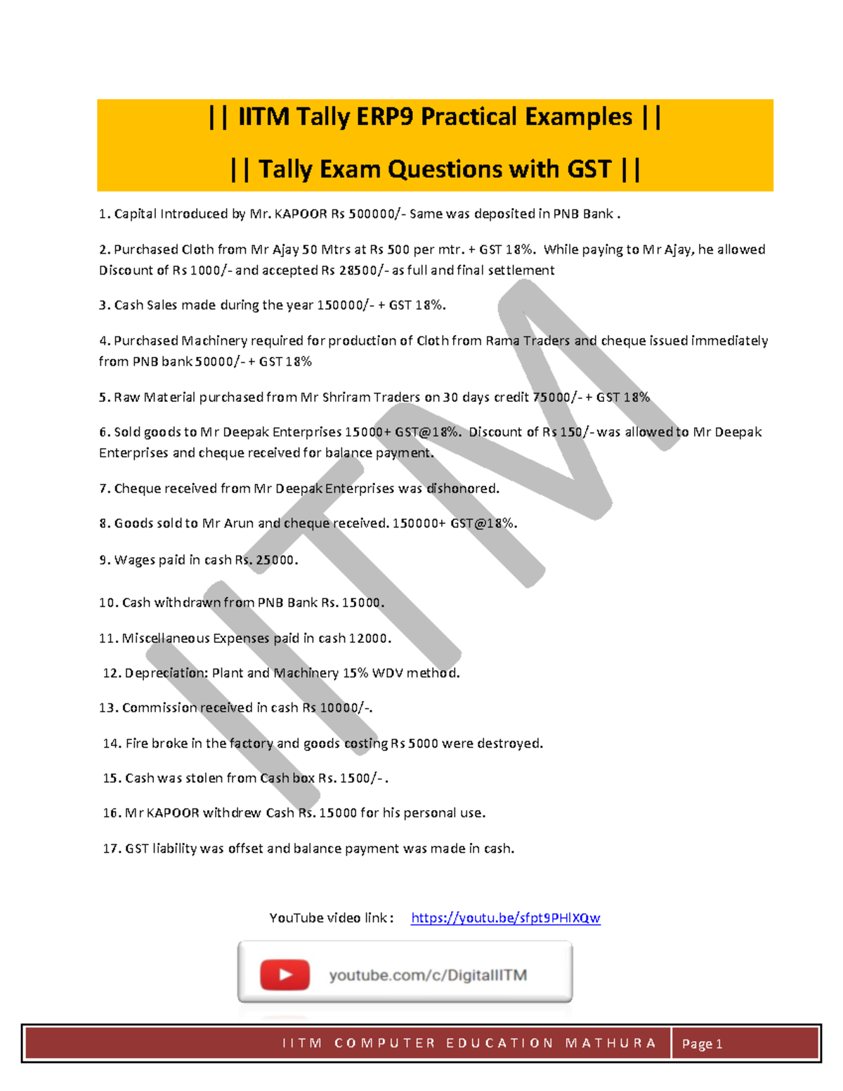 Free Download Tally ERP Practice Set I I T M C O M P U T E R E D U C