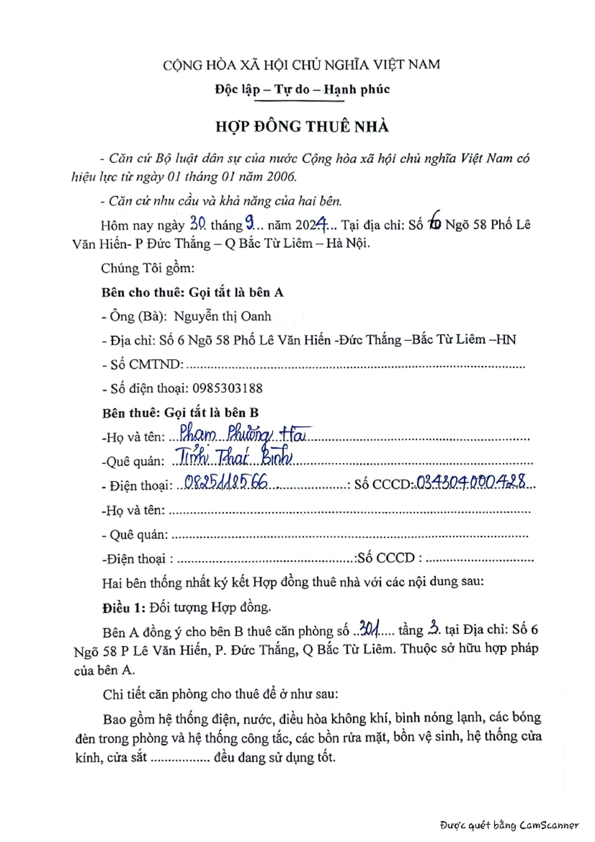 Hợp đồng kinh tế - CONG HOA XÃ HOI CHU NGHIA VIET NAM Dôc lâp Tur do Hanh phúc HOP DONG THUÊ NHA ...