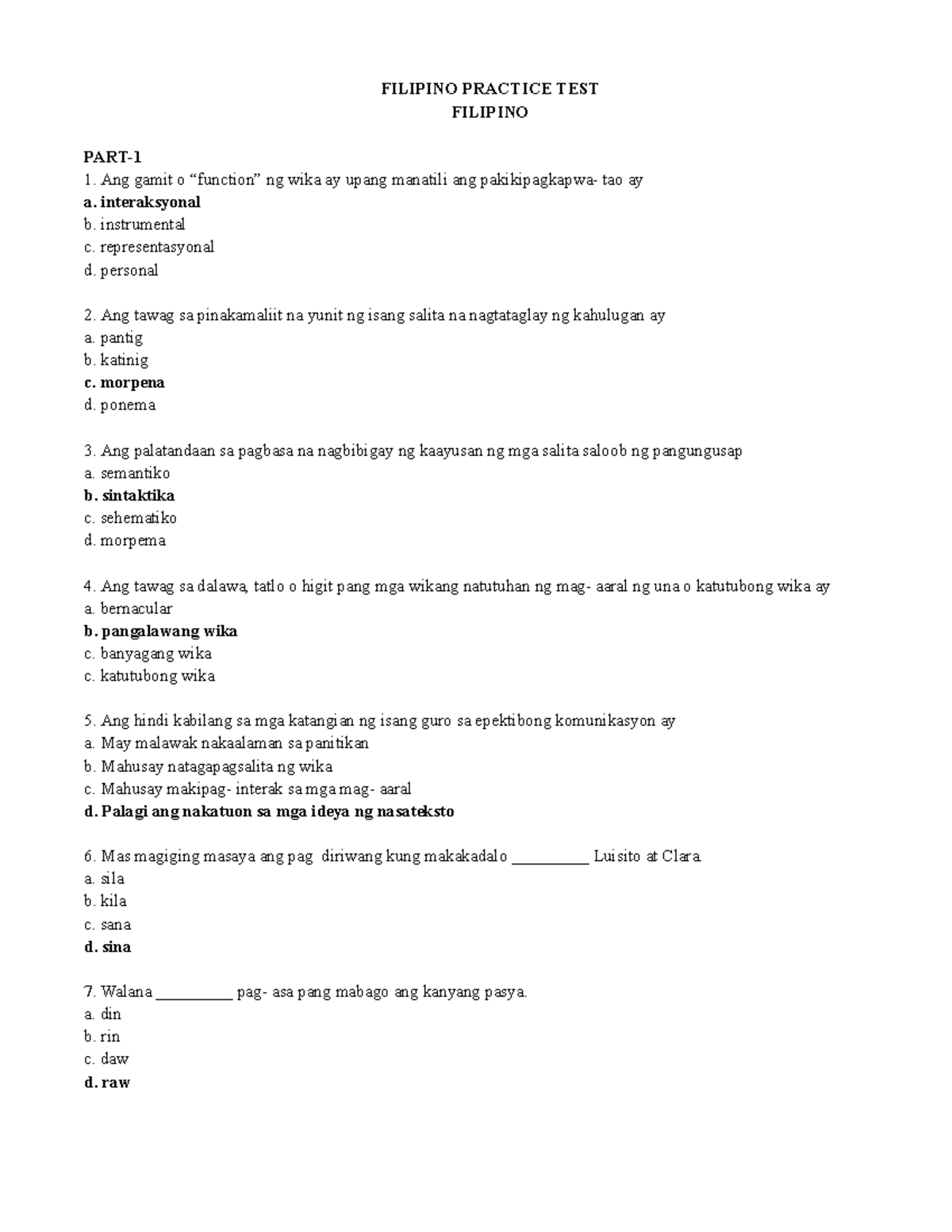Filipino Education TEST - FILIPINO PRACTICE TEST FILIPINO PART- Ang ...