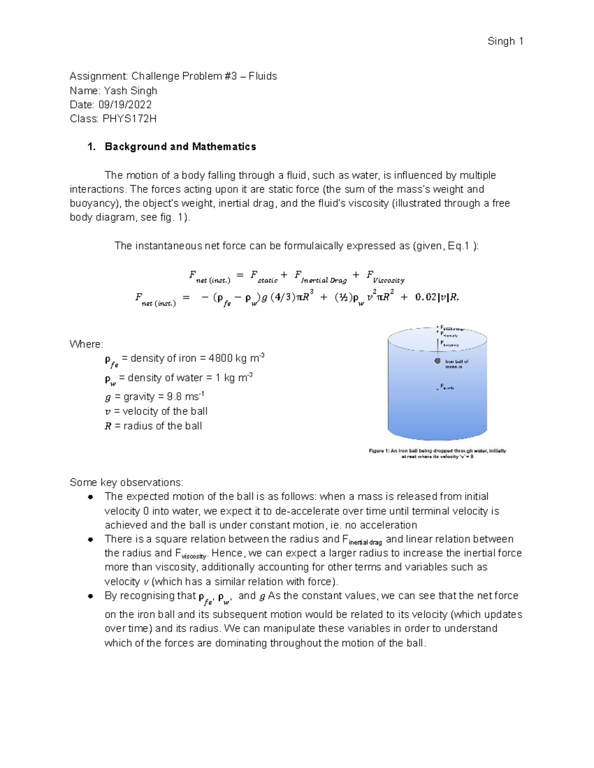 Challenge Problem #3 Fluids - Assignment: Challenge Problem #3 – Fluids Name: Yash Singh Date ...