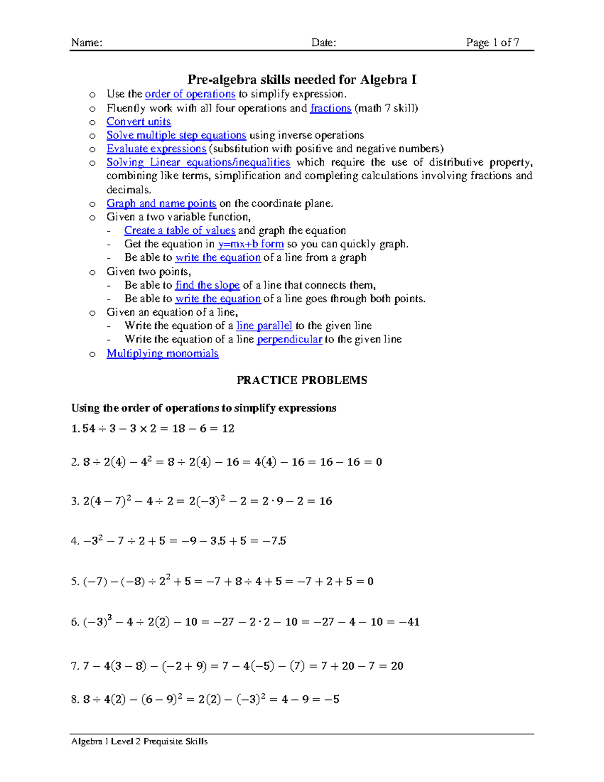 Algebra IAnswer Key - Pre-algebra skills needed for Algebra I o Use the ...