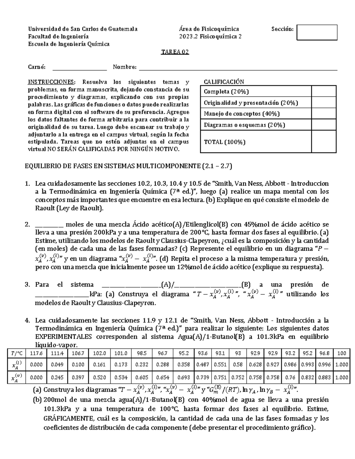 FQ2-2023.2 Tarea 02 - Universidad de San Carlos de Guatemala Área de Fisicoquímica Sección ...