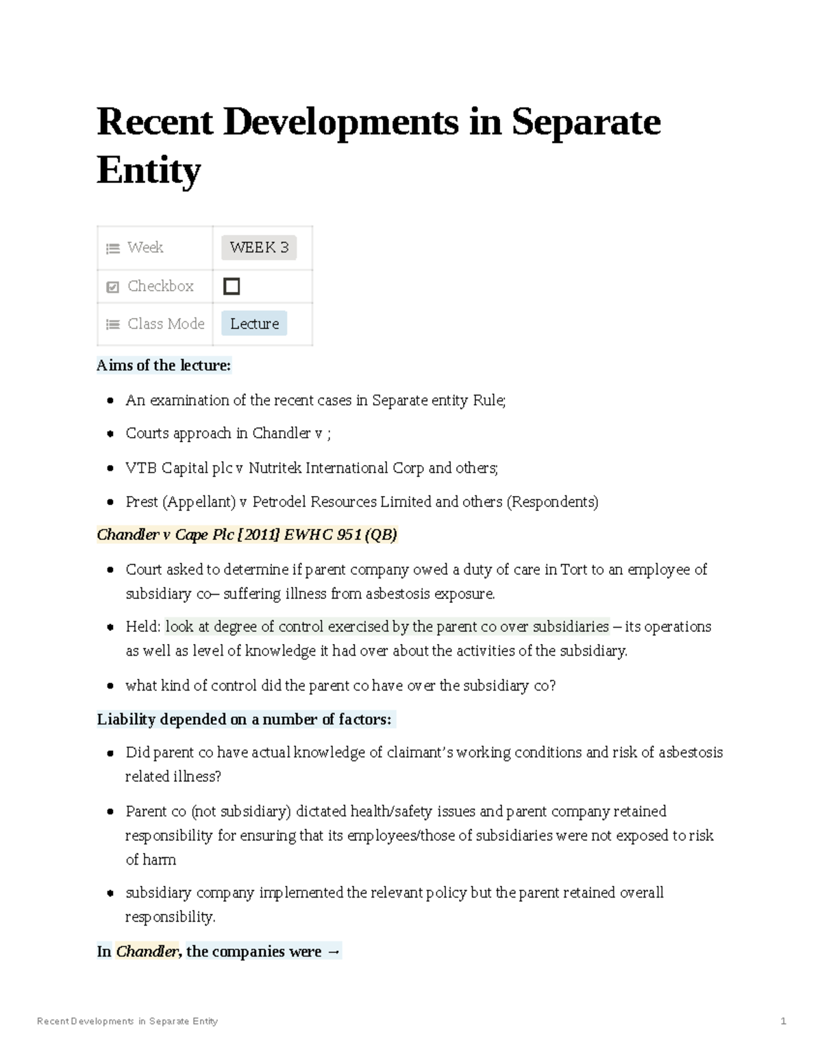 Recent developments in Separate Entity - Recent Developments in ...