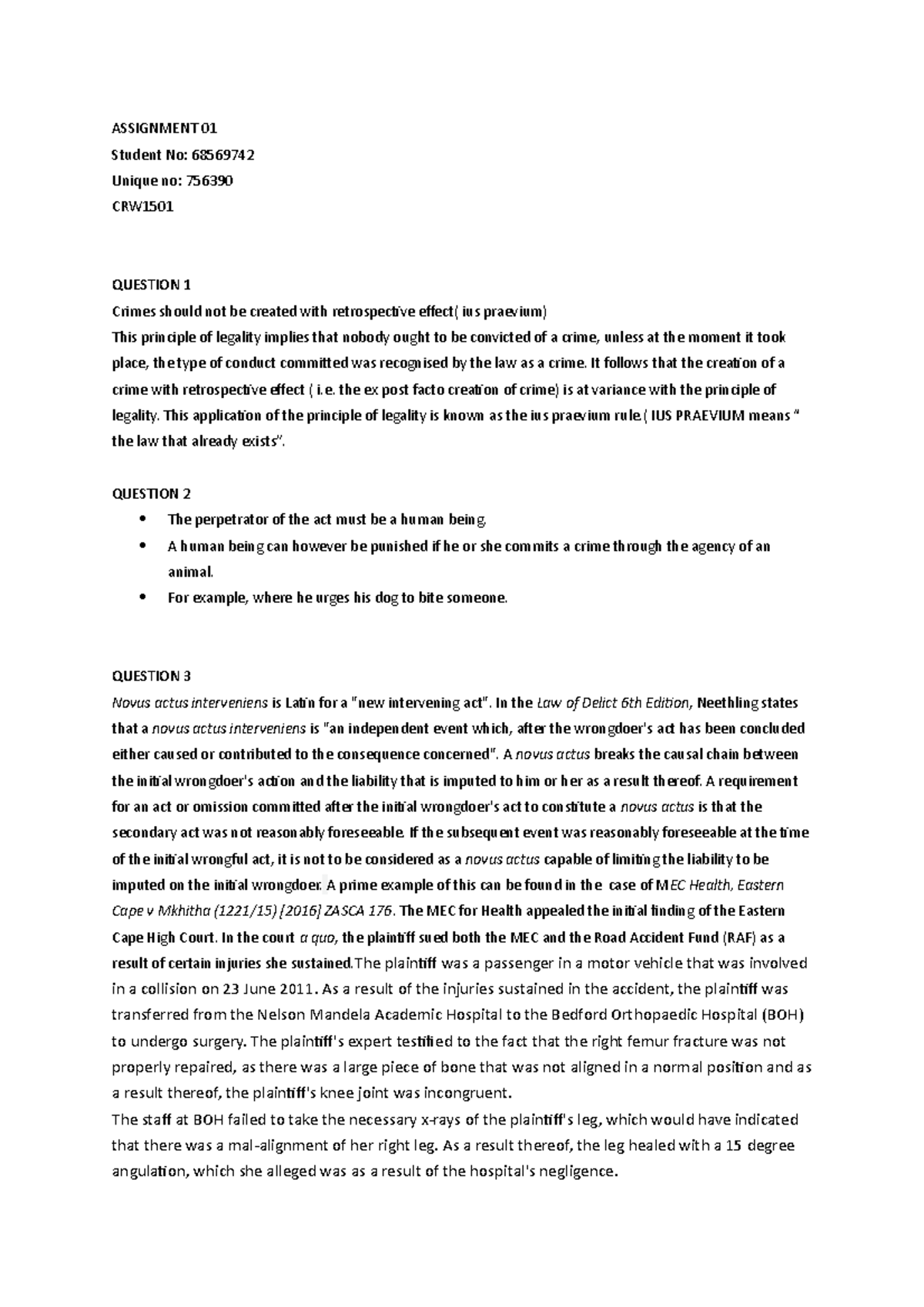 CRW1501 - ASSIGNMENT 01 Student No: 68569742 Unique no: 756390 CRW ...