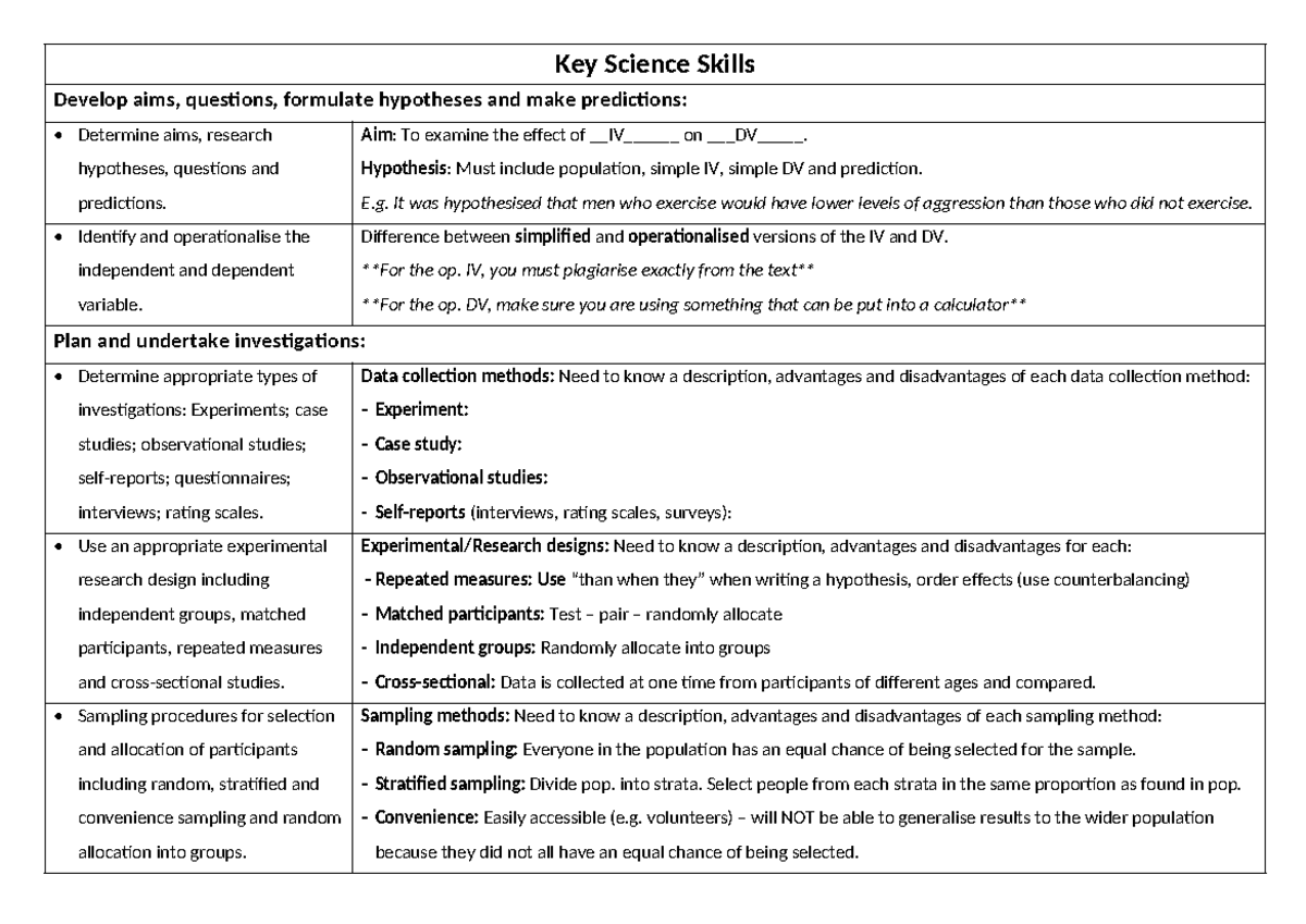 Key Science Skills Handout - Key Science Skills Develop aims, questions ...