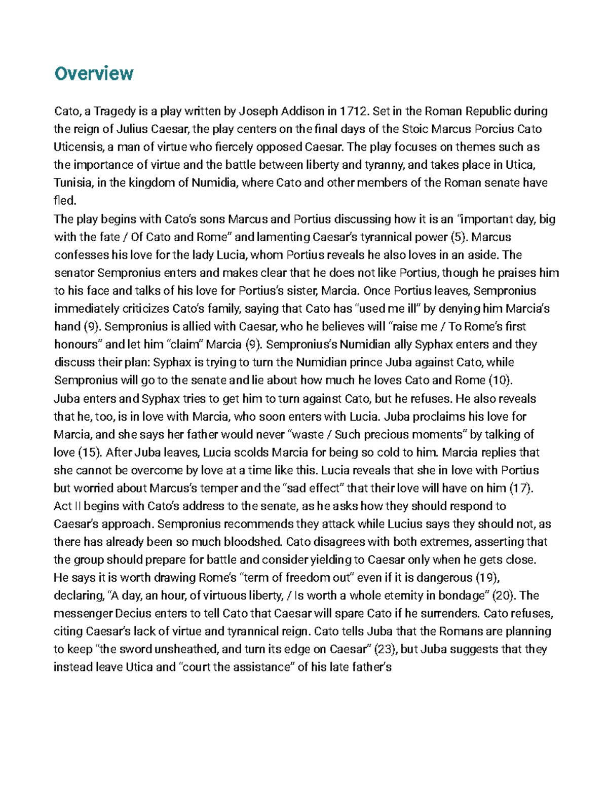 Cato, a Tragedy Summary and Analysis - 3 Overview Cato, a Tragedy is a ...
