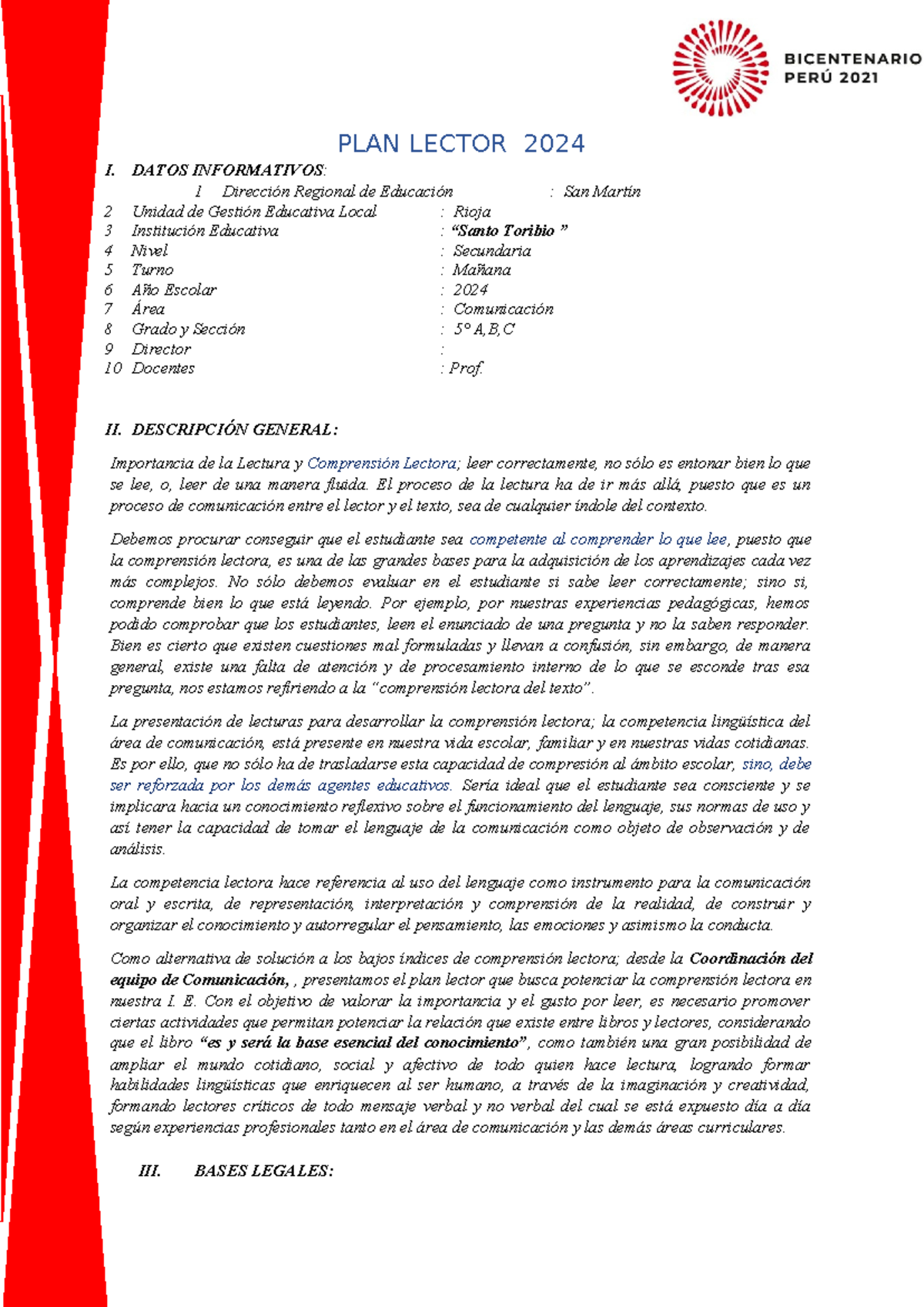 PLAN Lector 2023 - lectura - PLAN LECTOR 2024 I. DATOS INFORMATIVOS: 1 Dirección Regional de ...