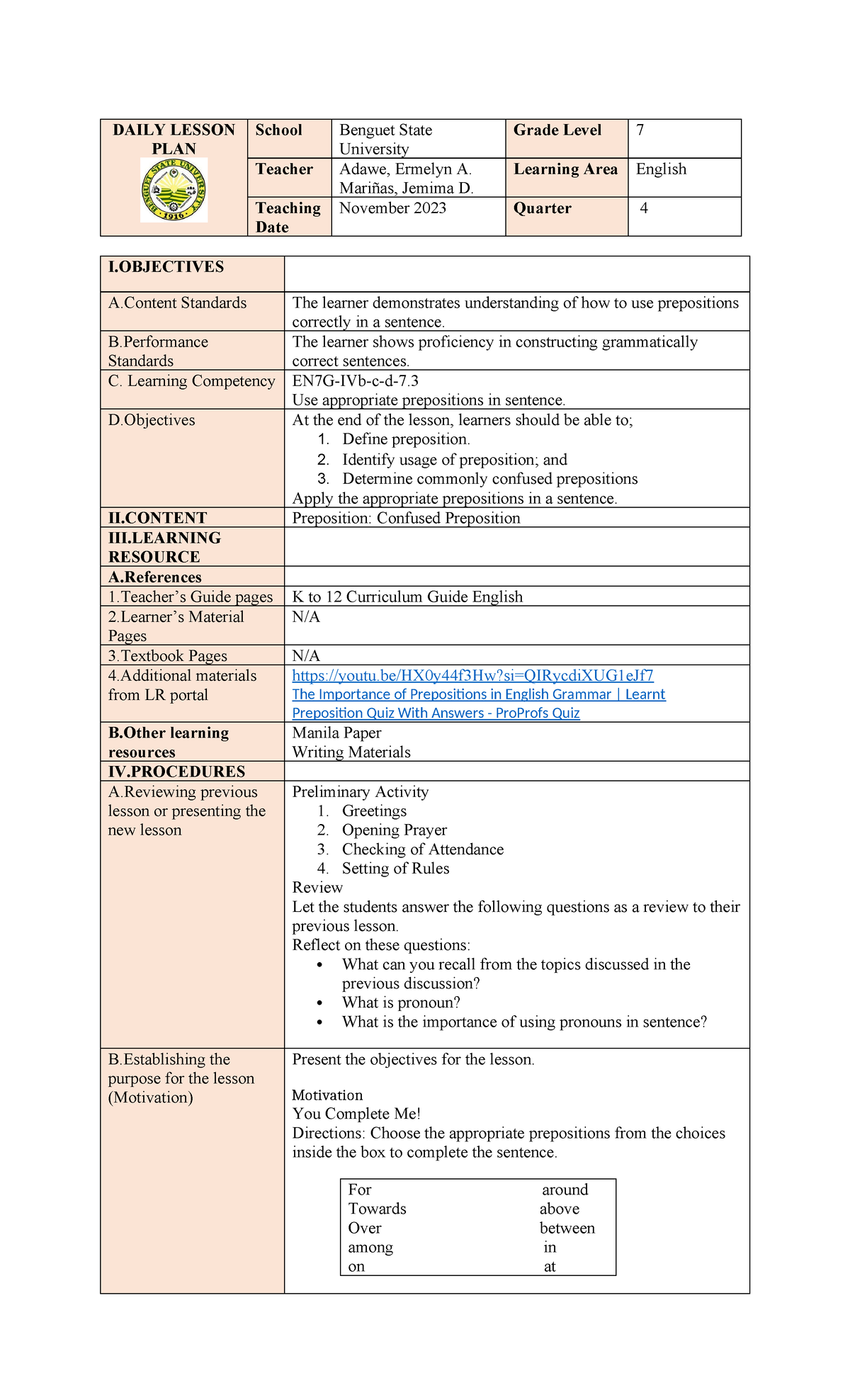 SEMI- Detailed- Lesson-PLAN-jem00001 - DAILY LESSON PLAN School Benguet State University Grade ...