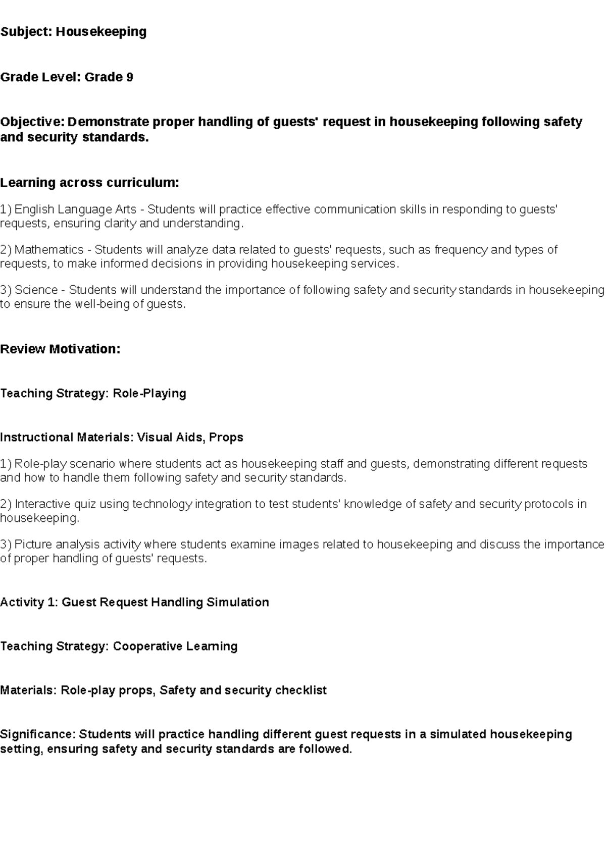 Housekeeping 9 DLP - Subject: Housekeeping Grade Level: Grade 9 ...