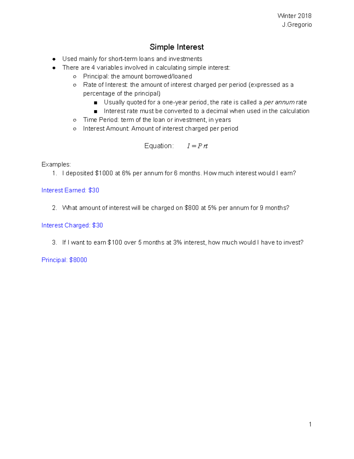 Simple Interest Answers - Winter 2018 J Simple Interest Used mainly for ...