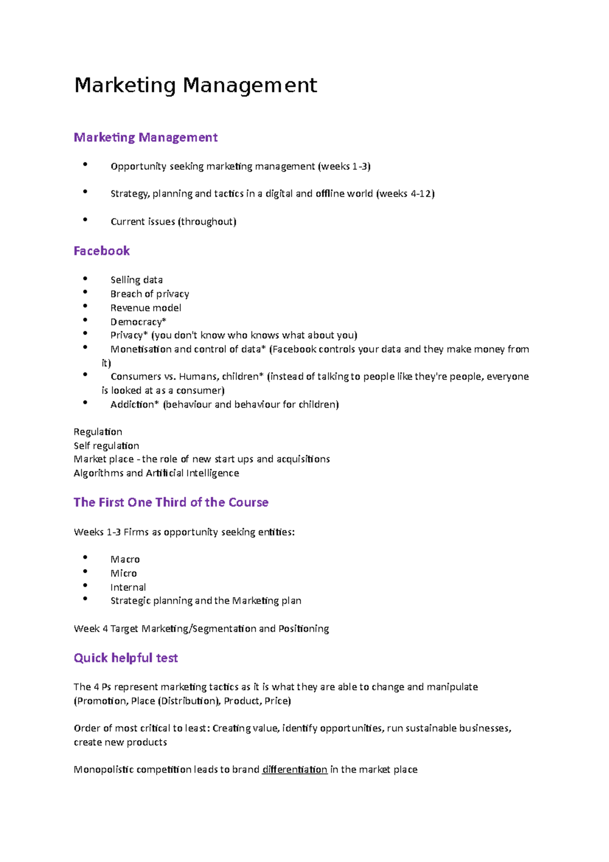 MARK201 notes - Lectures 1-12 Michelle Renton - Marketing Management ...