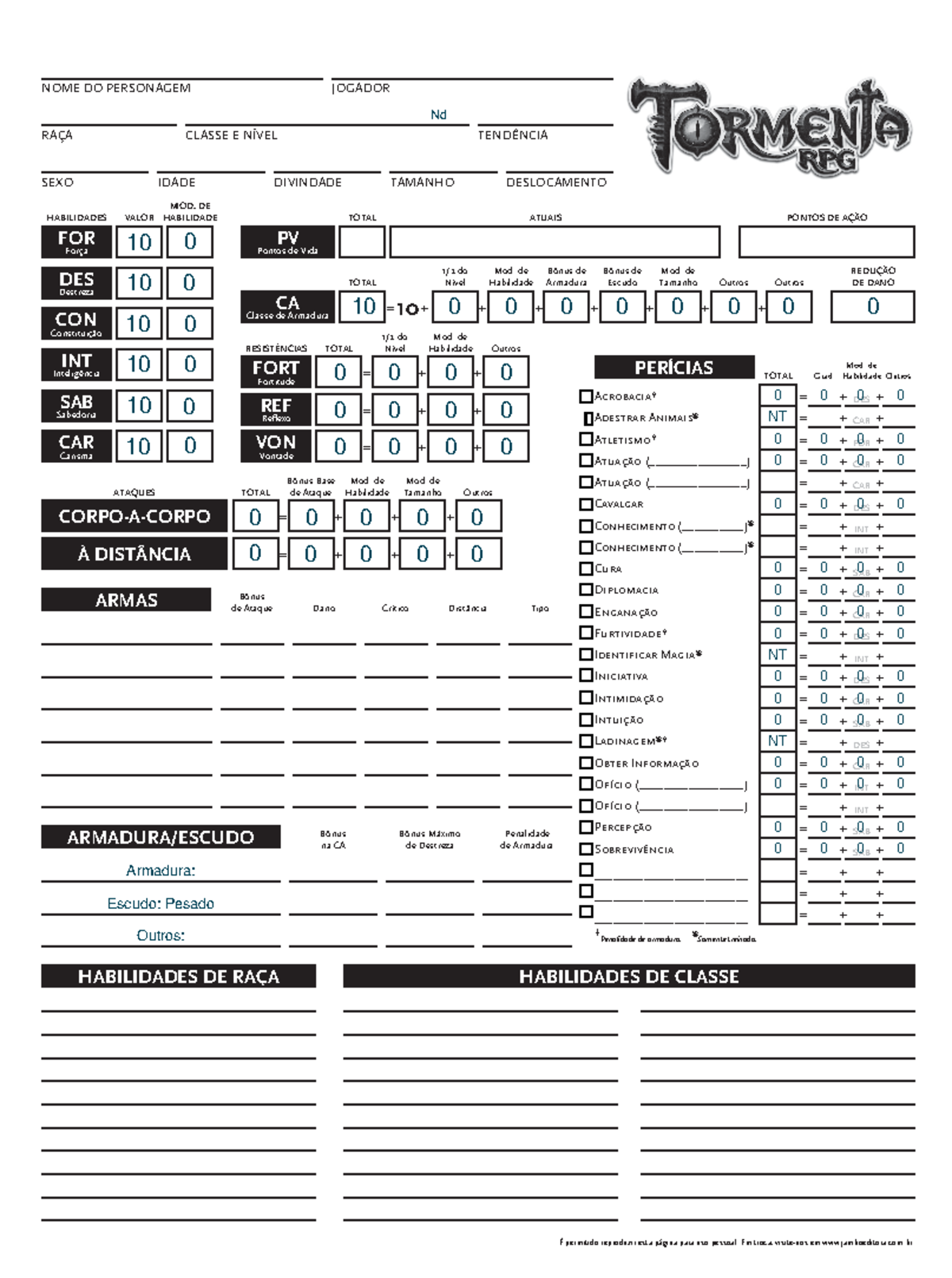 Ficha Editavel - Tormenta RPG - = + + + + NOME DO PERSONAGEM JOGADOR ...