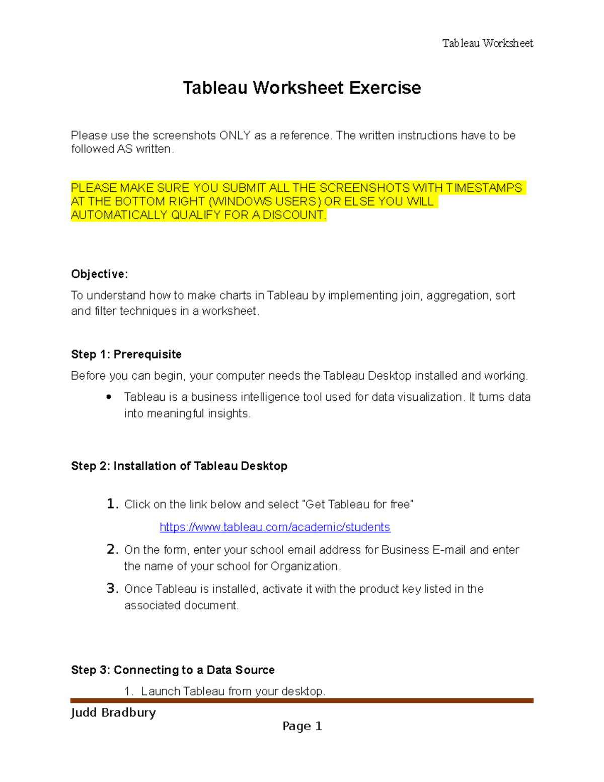 Exercise 2 - Tableau - Assignment 2 - Tableau Worksheet Exercise Please ...