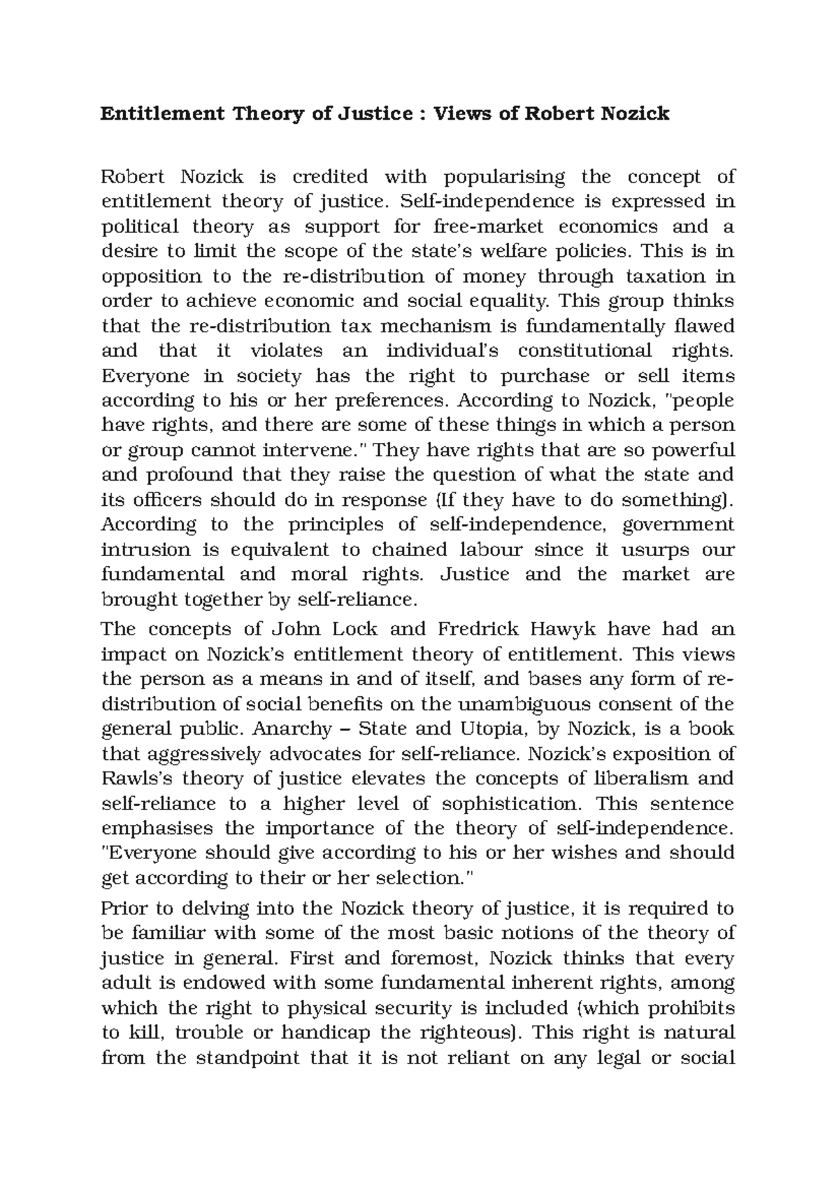 Entitlement Theory of Justice - Self-independence is expressed in ...