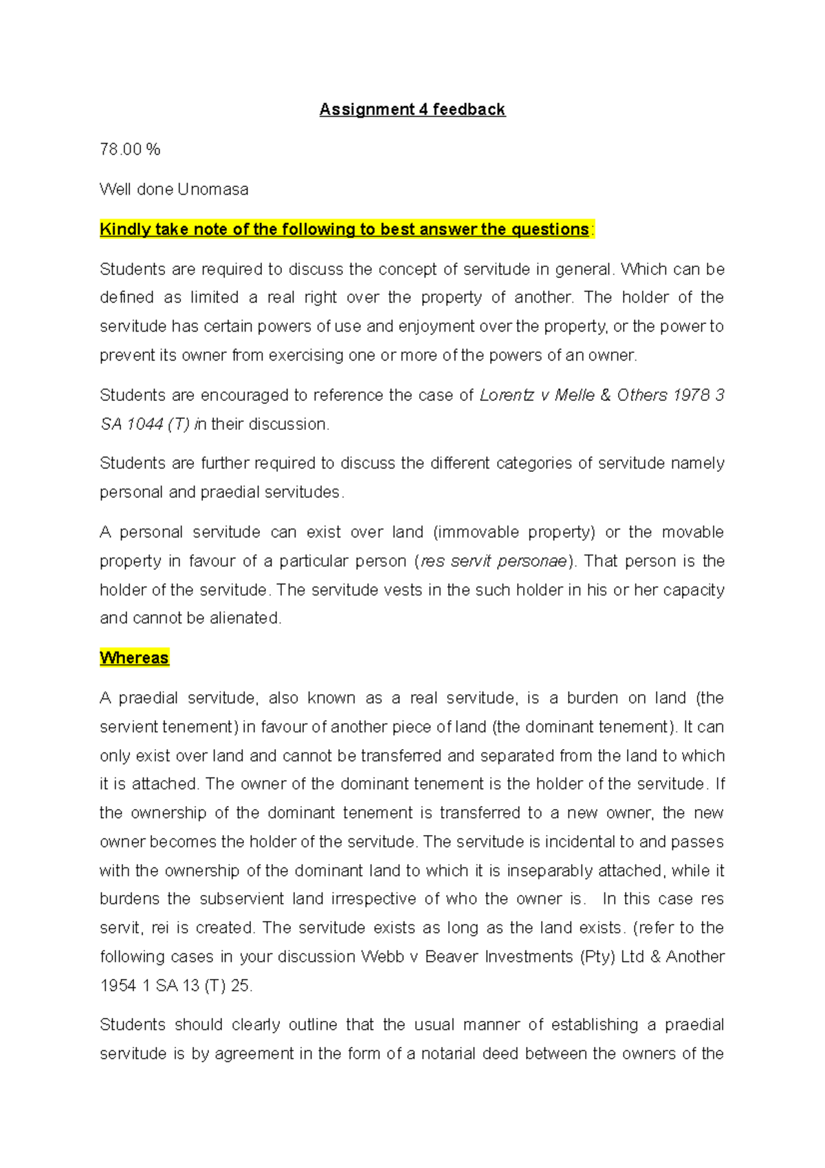 Assignment 4 feedback - Law of Property - Assignment 4 feedback 78 % ...