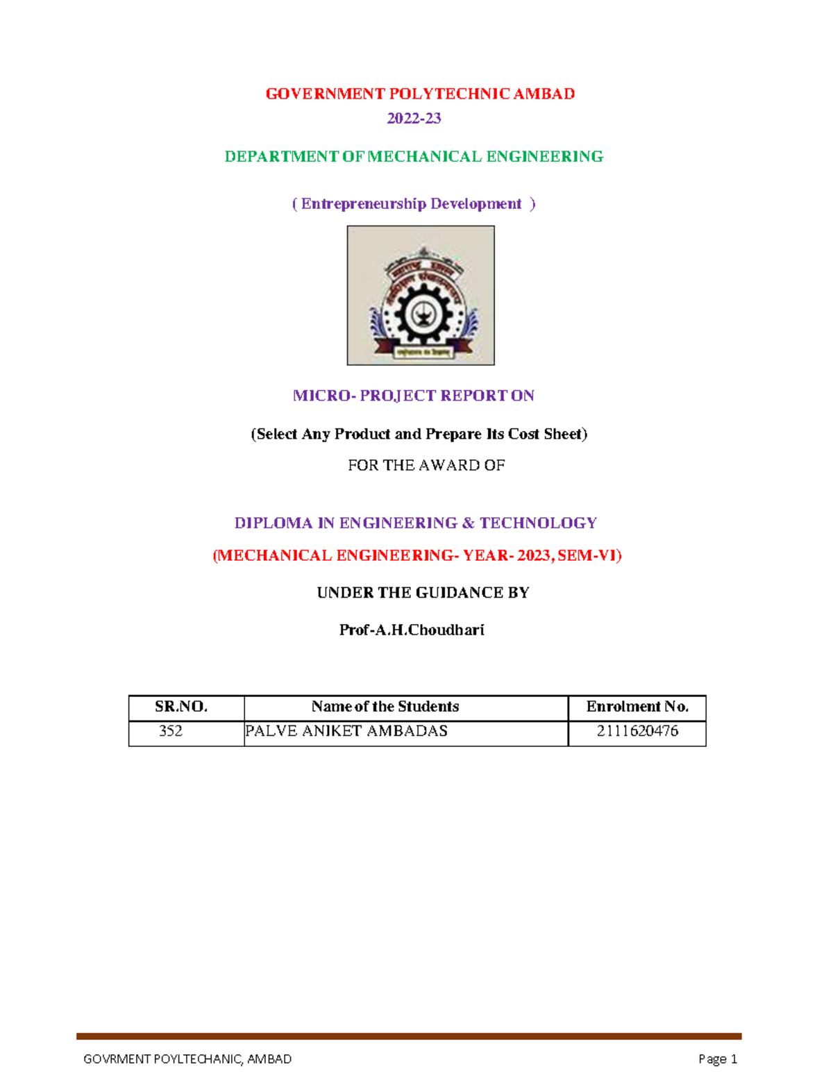 Enterpreneurship Development aniket - GOVERNMENT POLYTECHNIC AMBAD 2022 ...