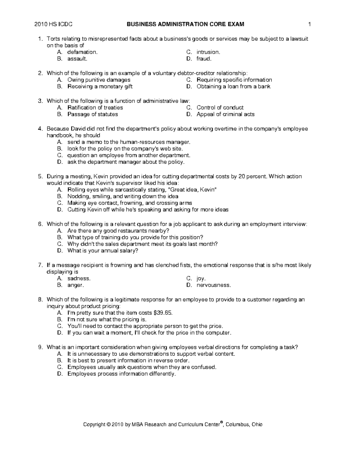 2010 Business Administration Core ICDC Exam - 2010 HS ICDC BUSINESS ...