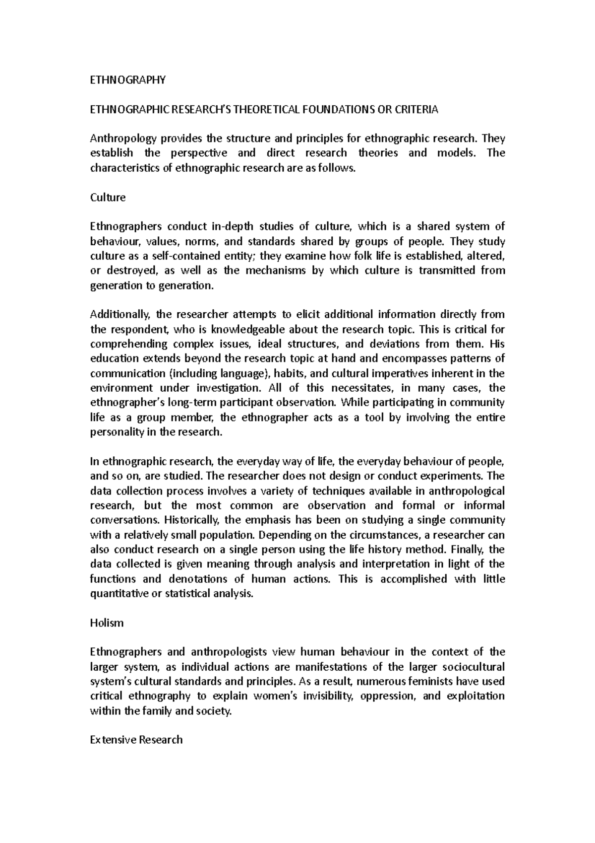 Ethnography - Lecture notes 13 - ETHNOGRAPHY ETHNOGRAPHIC RESEARCH'S ...