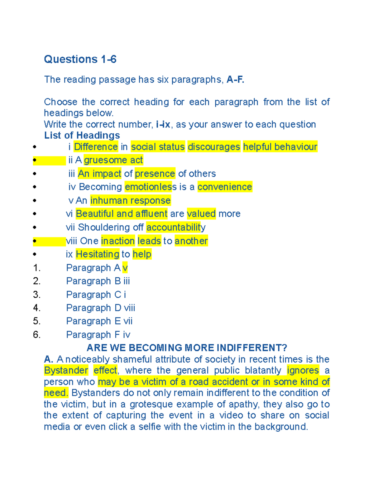 Matching Heading 4 - fff - Questions 1- The reading passage has six ...