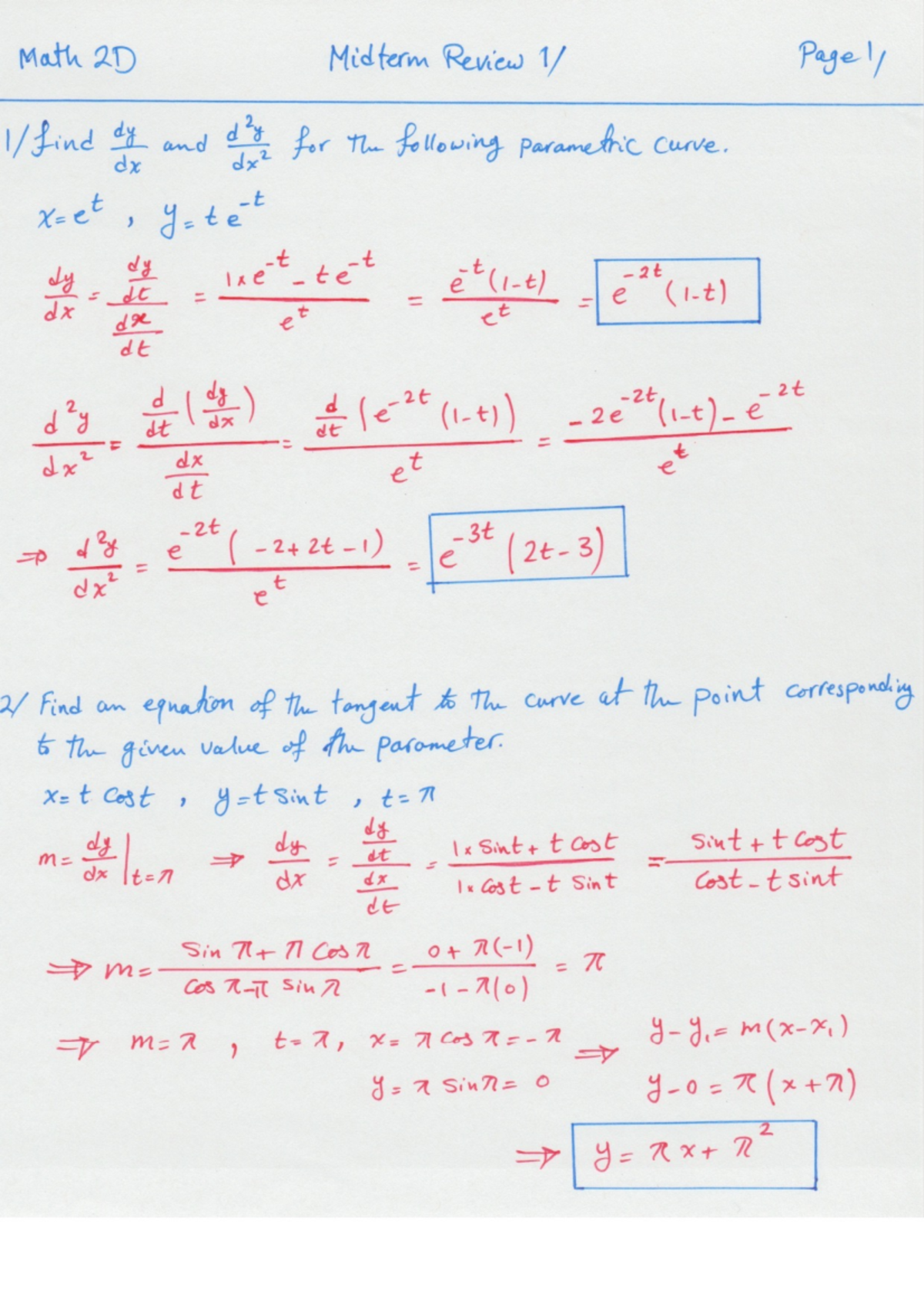 Math 2D Midterm 1 Review - Page 2, find ae and ox for Ths: Following ...