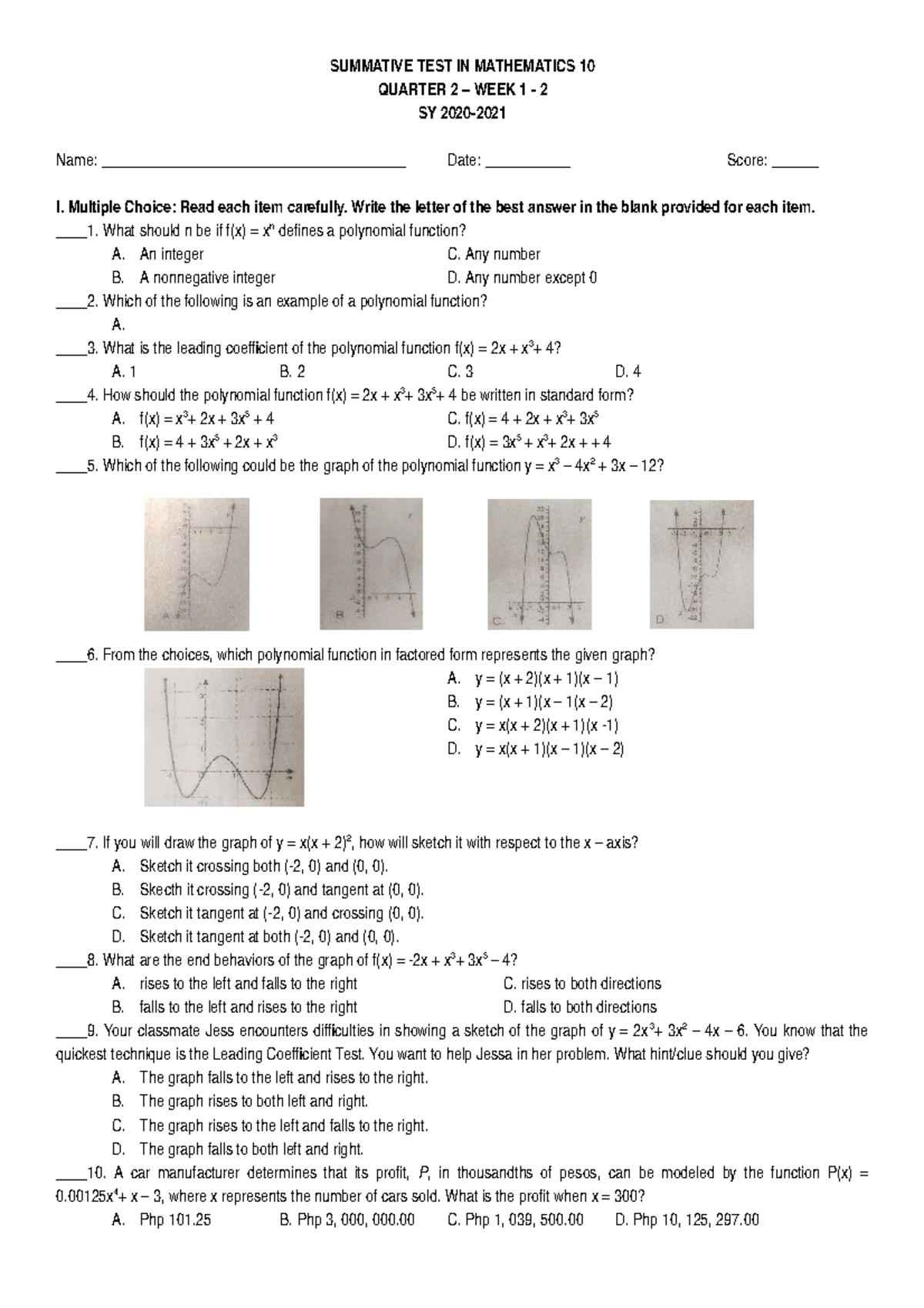 Summative Test in Mathematics 10 for the First Quarter - Engineering ...