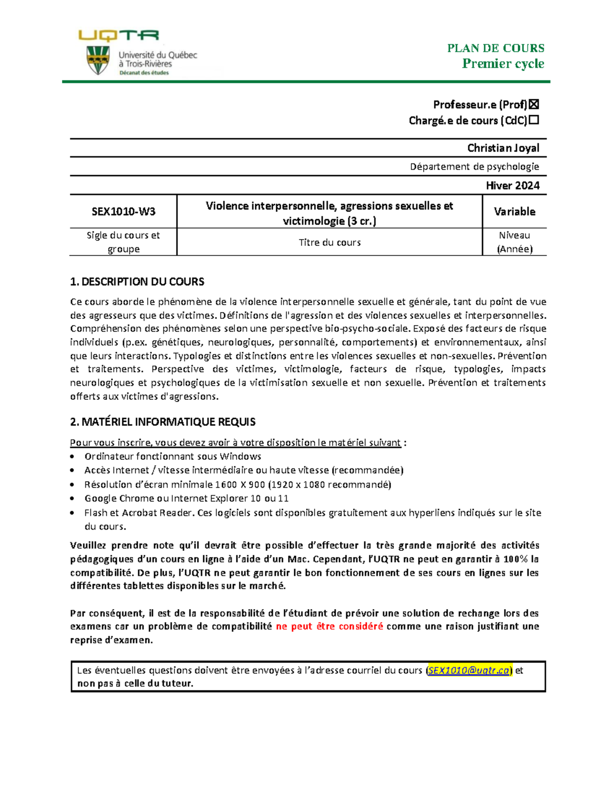 Plan de cours - PLAN DE COURS Premier cycle Professeur (Prof)☒ Chargé.e ...