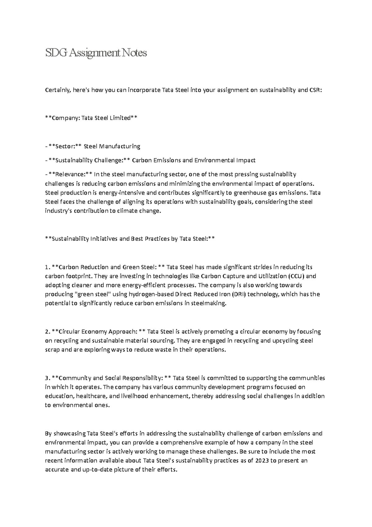 SDG Assignment Notes - SDG - SDG Assignment Notes Certainly, here's how ...