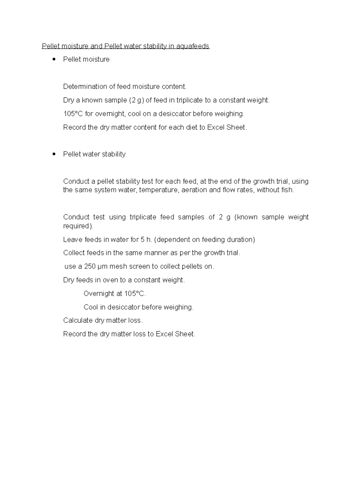 Pellet moisture and Pellet water stability in aquafeeds - Dry a known ...