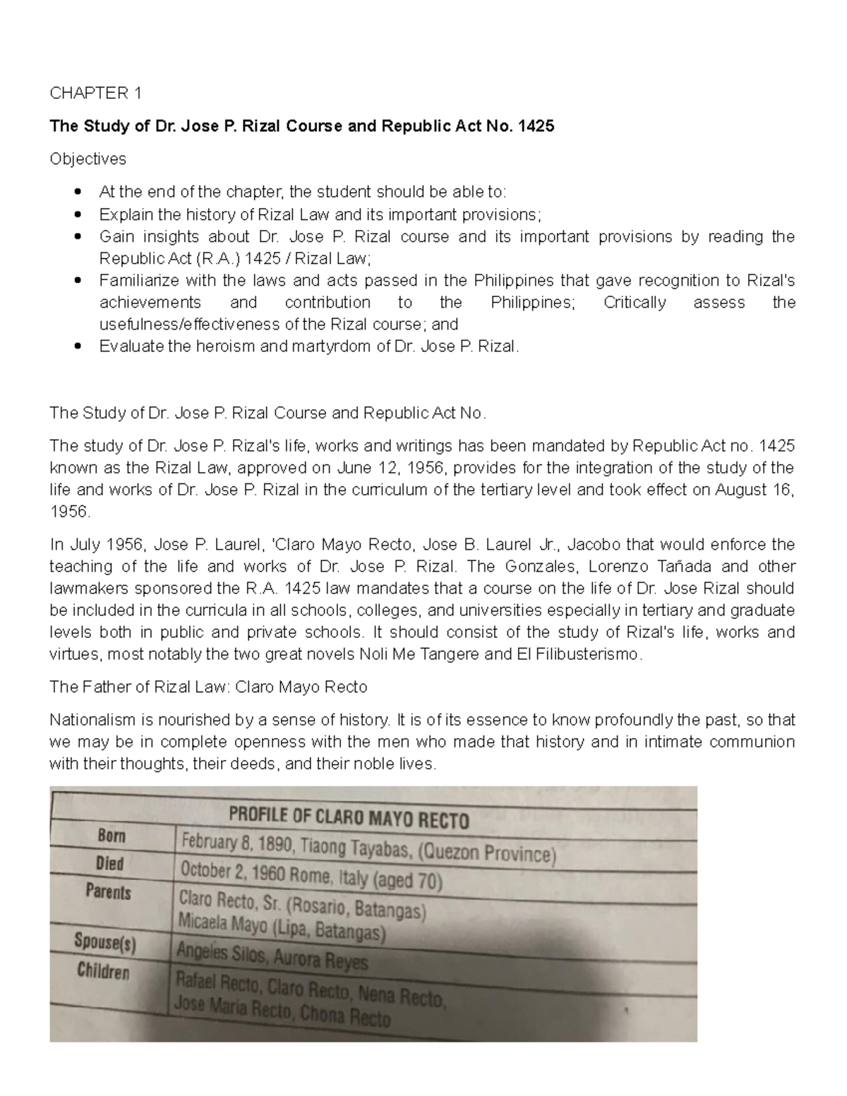 Rizal Chapter 1 - yes - CHAPTER 1 The Study of Dr. Jose P. Rizal Course ...